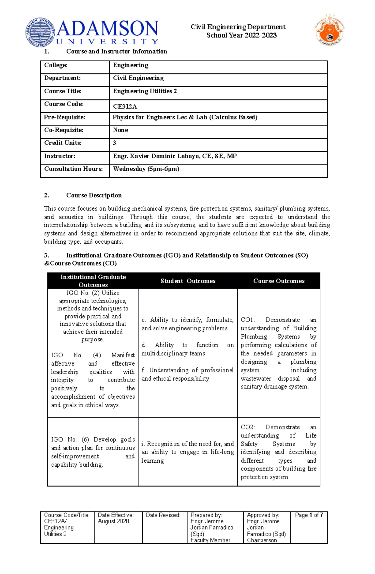 CE312A Engineering Utilities 2 Lecture Notes and Course Overview - Studocu