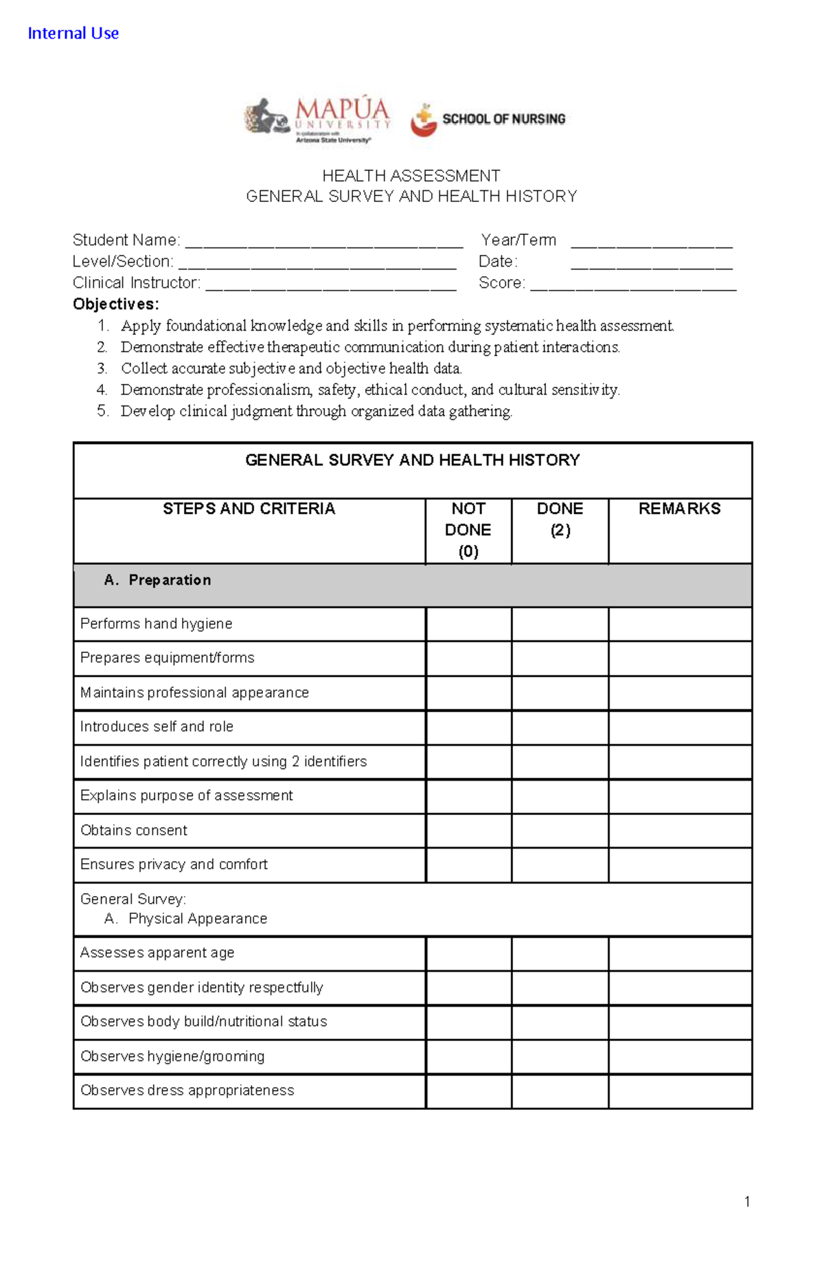 HEALTH ASSESSMENT CHECKLIST: GENERAL SURVEY & HISTORY - Studocu