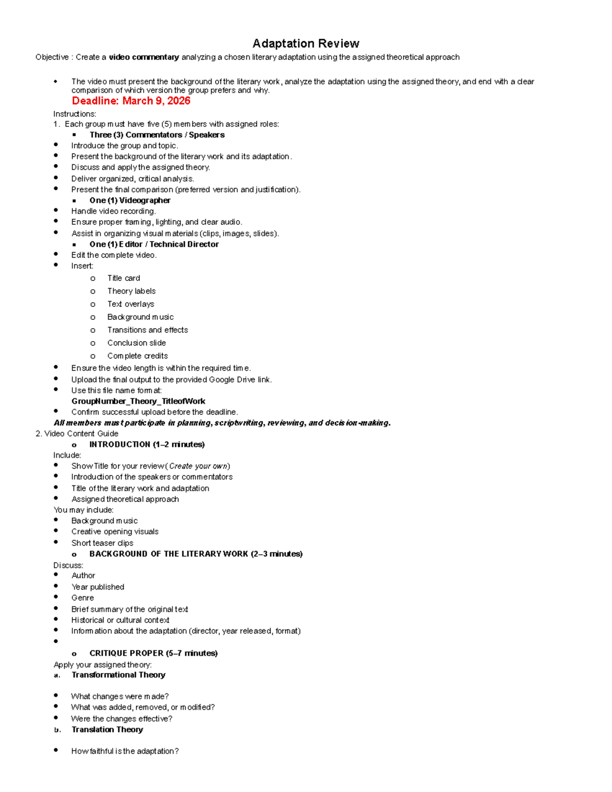 LIT101: Literary Adaptation Review Video Project Guidelines - Studocu