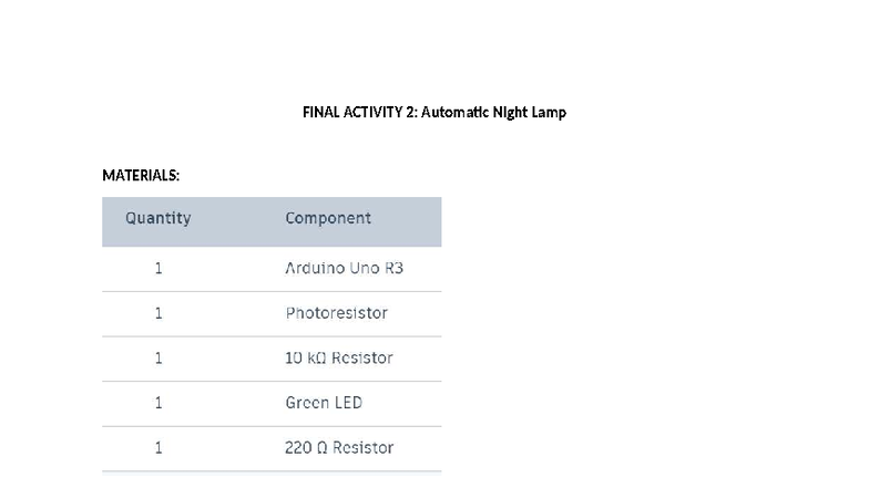 FINAL ACTIVITY 2: LDR-Based Automatic Night Lamp - Studocu