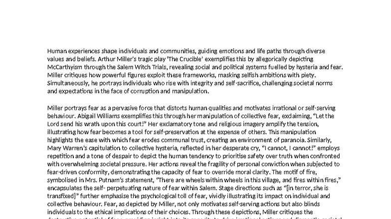 Common Module - Essay on Human Experience in The Crucible - Studocu