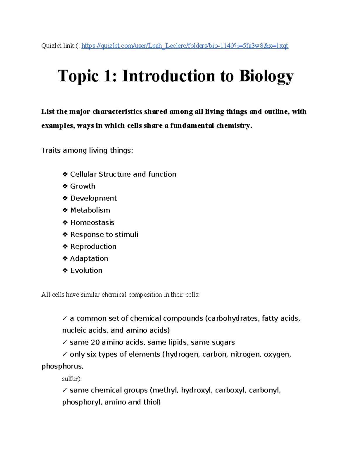 BIO 1140 - Quizlet Study Guide: Introduction to Biology & Cell Structure - Studocu