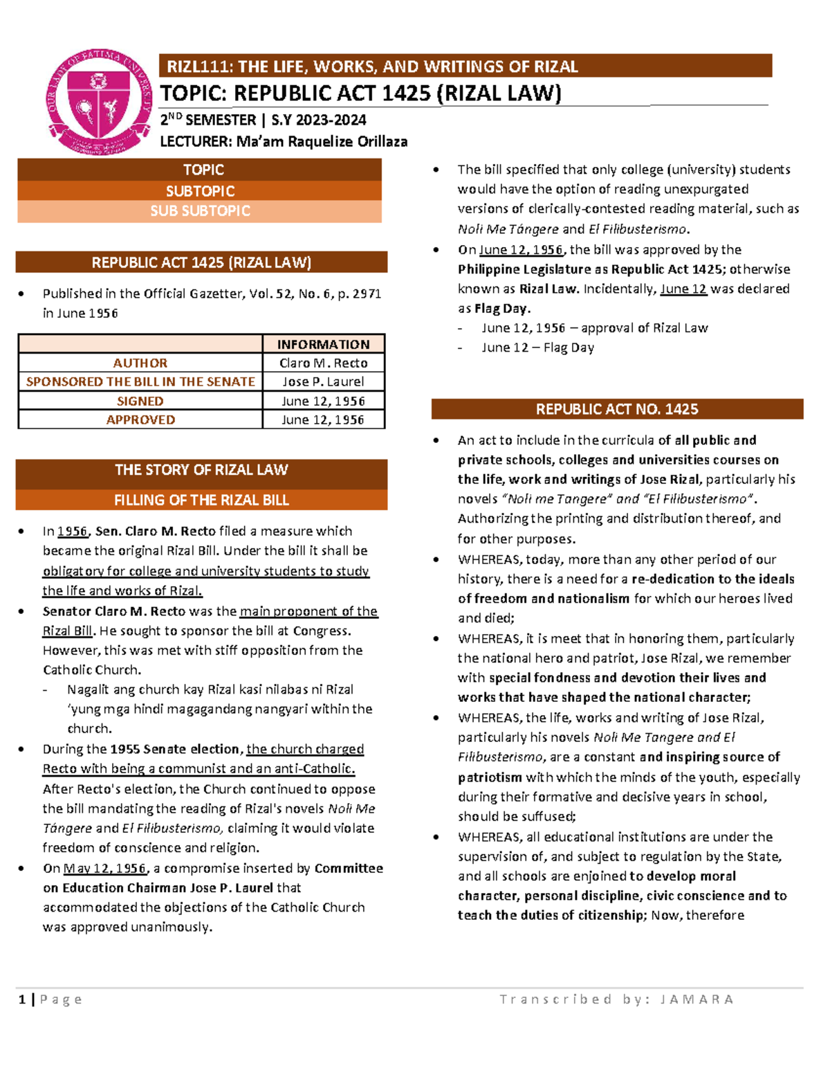 RIZAL LAW (RA 1425): A Critical Analysis of Its Impact and Legacy - Studocu