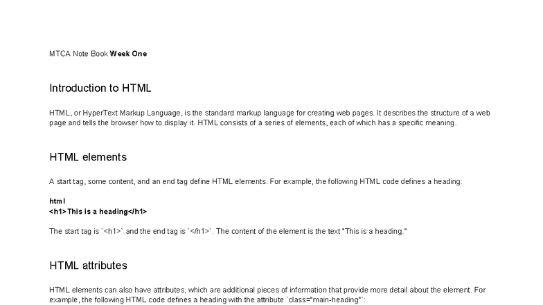 MTCA Note Book Week 1: Intro to HTML & CSS Basics - Studocu