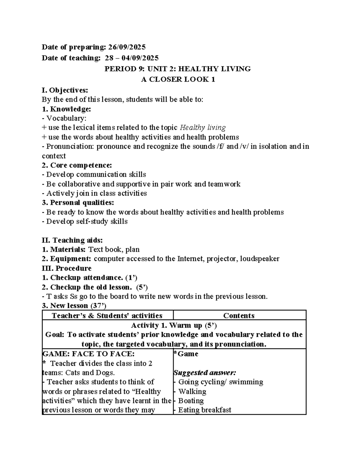 Grade 7 TH: Unit 2 - Healthy Living Lesson Plan and Activities - Studocu