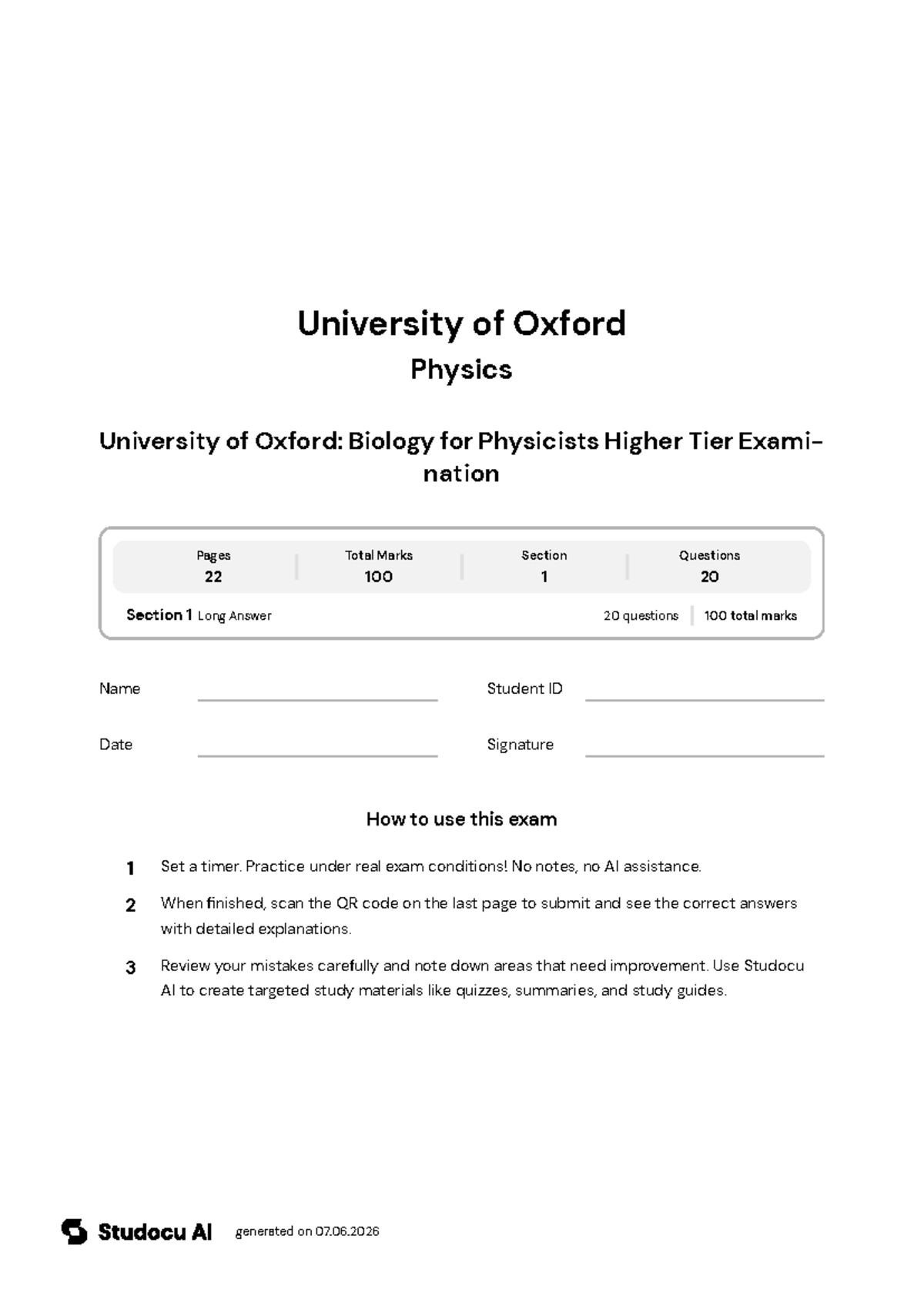 Biology for Physicists Higher Tier Exam - University of Oxford - Studocu