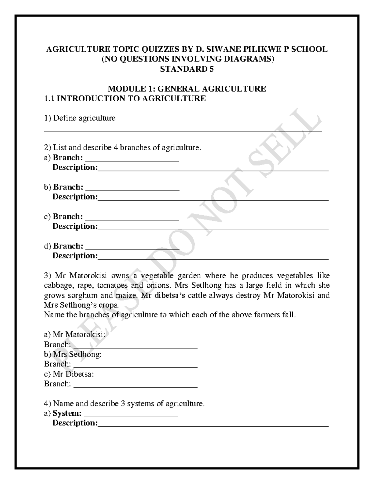 AGRICULTURE QUIZZES & ANSWERS - STANDARD 5 MODULE 1 - Studocu