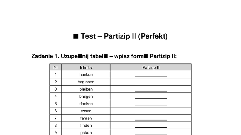 Test Partizip II (Perfekt) - Zadania 1 i 2 - Studocu