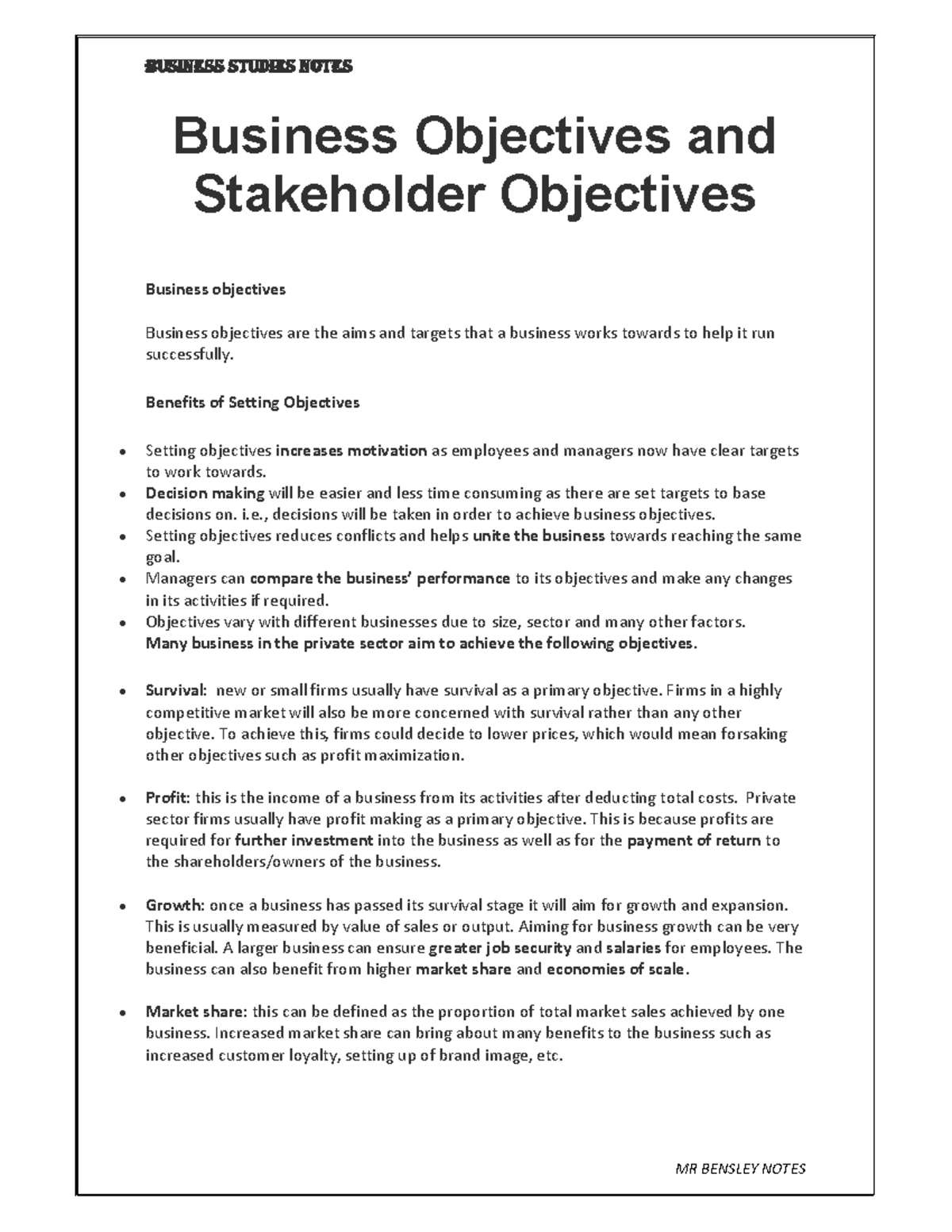 Business Studies Notes: Objectives and Stakeholders - Studocu