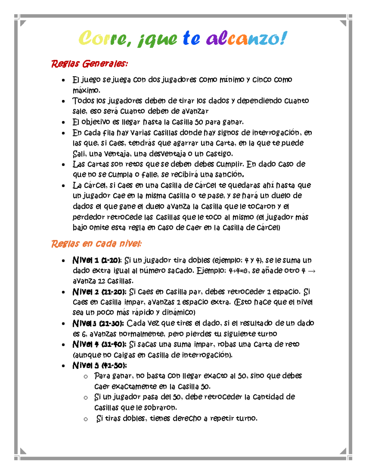 Reglas del Juego: Corre, te alcanzo! (Juego de Mesa) - Studocu
