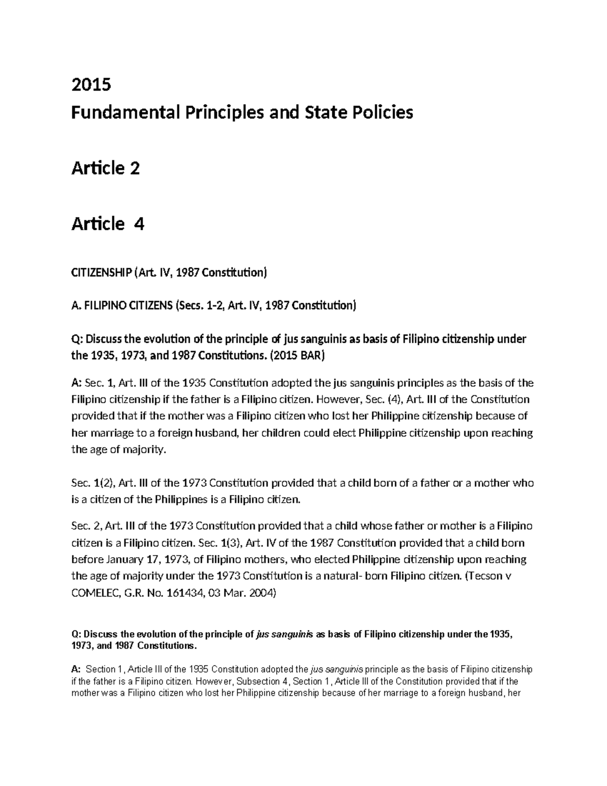 2015 BAR Political Law Exam Questions and Answers Compilation - Studocu