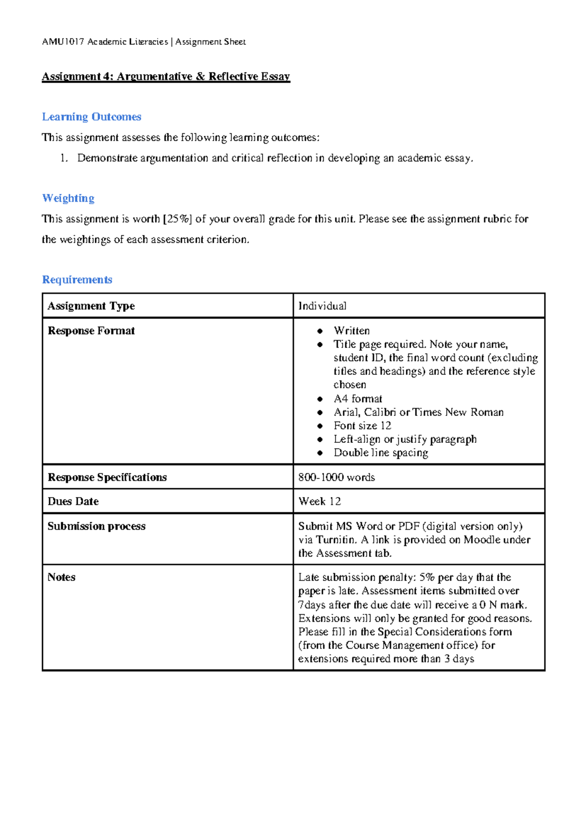 AMU1017 Assignment 4: Argumentative Reflective Essay Guidelines - Studocu