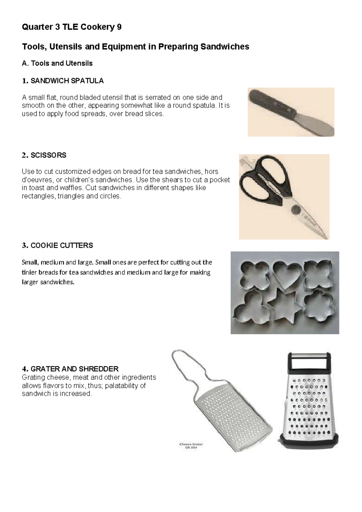 640410862 Q3 TLE 9 Tools & Equipment for Sandwich Preparation - Studocu