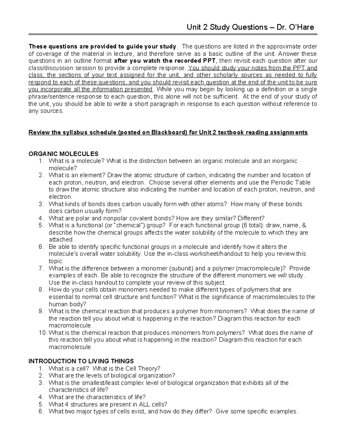 Unit 2 Study Guide: Organic Molecules & Eukaryotic Cell Functions - Studocu
