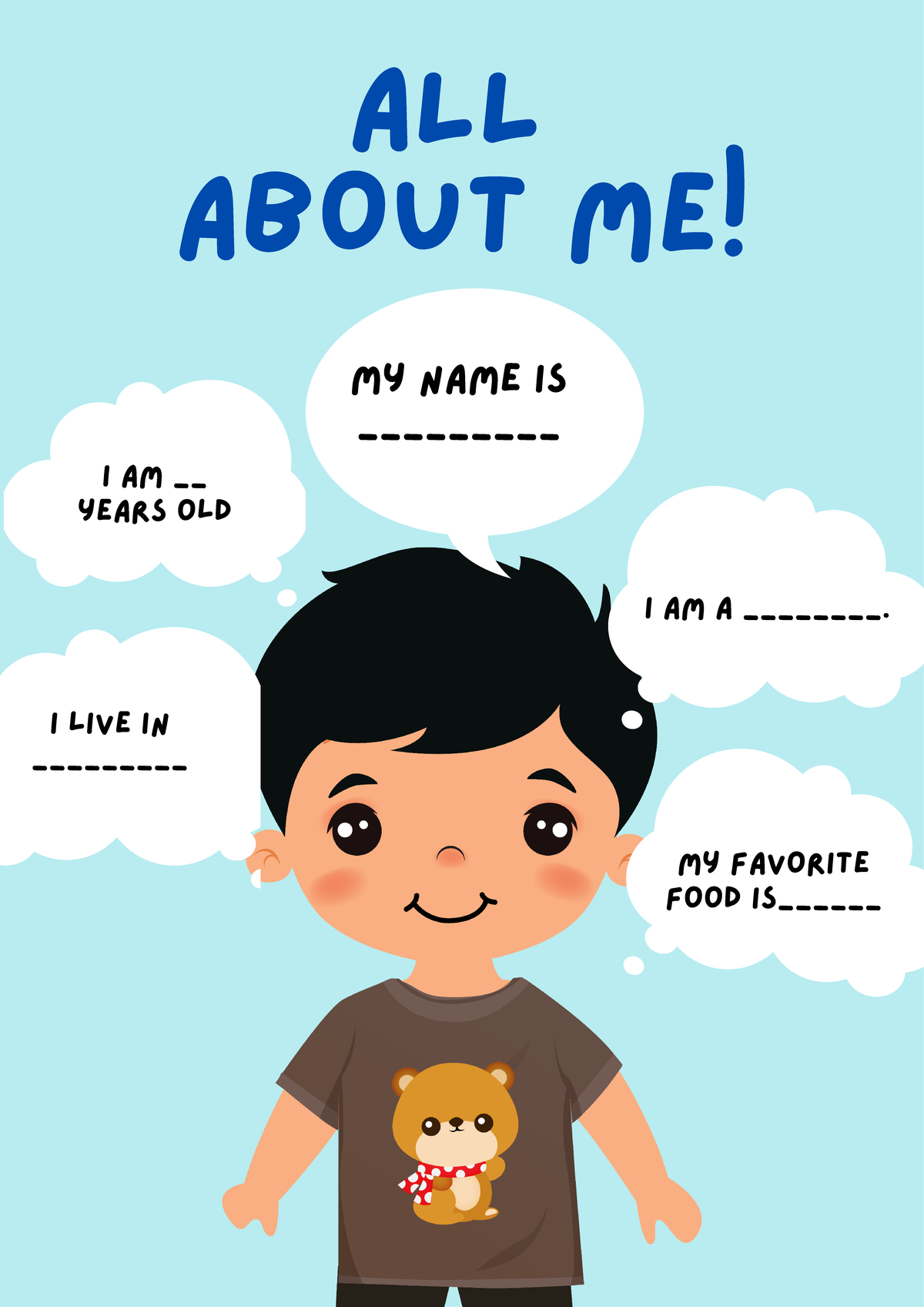 Light Blue Cute Boy All About Me - tiếng anh tiểu học - I am __ years ...
