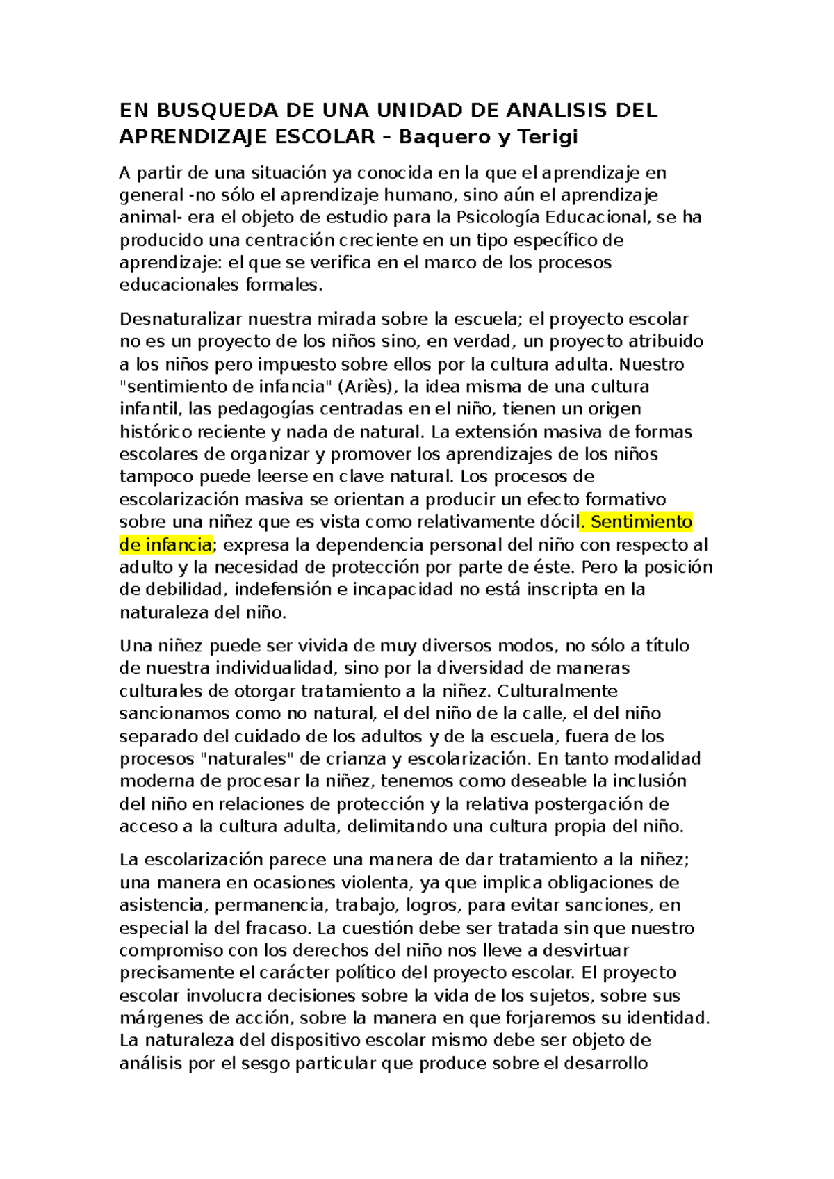 Resumen del Estudio sobre Aprendizaje Escolar - Baquero y Terigi - Studocu