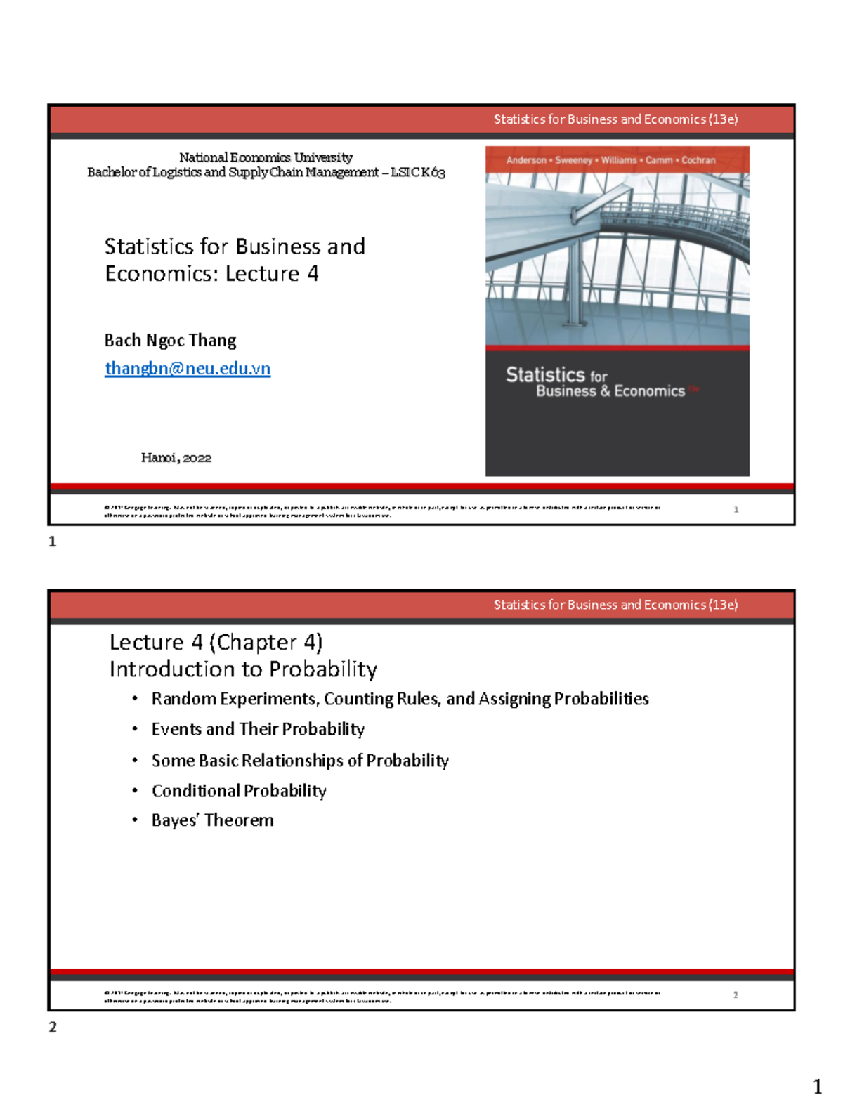 Lecture 5&6 Chapter 4 Introduction to probability - © 2017 Cengage Learning. May not be scanned ...