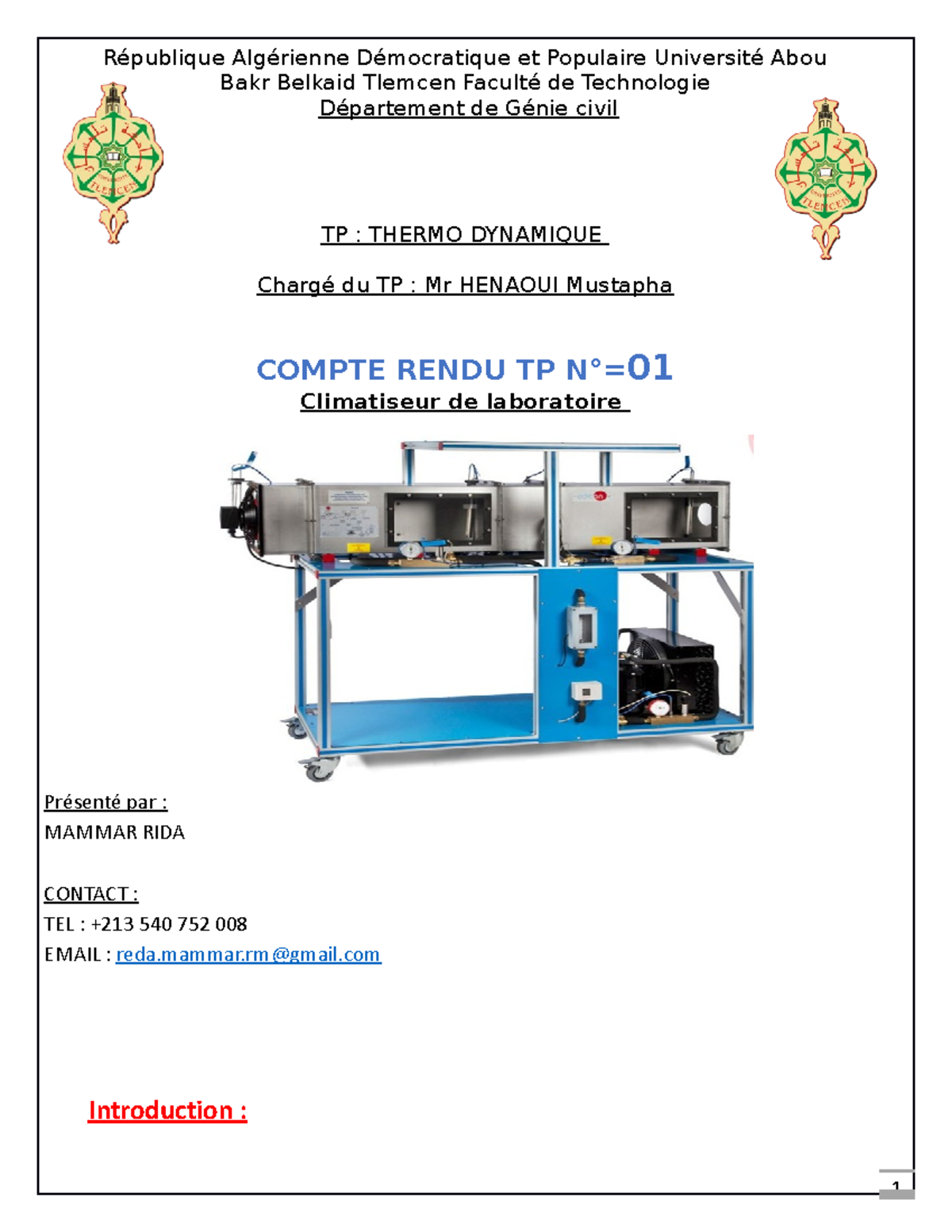 Compte Rendu TP1: Étude sur le Climatiseur de Laboratoire en Thermodynamique - Studocu