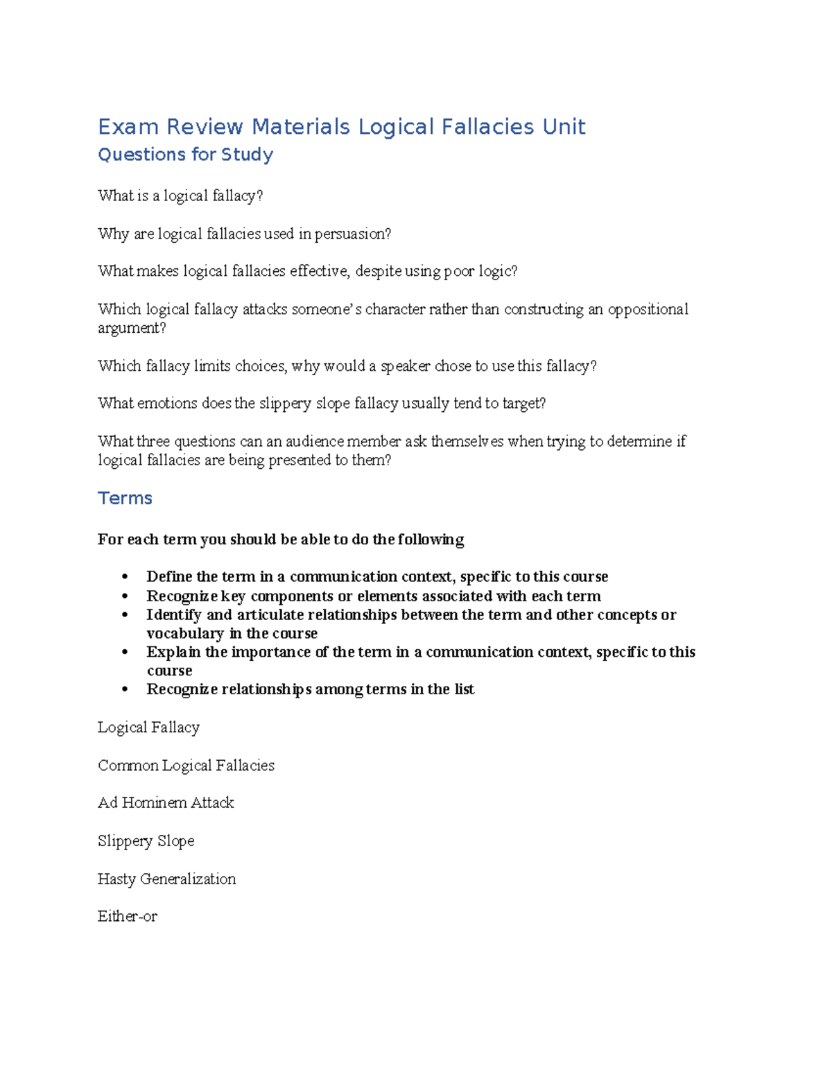 Exam Review: Logical Fallacies Unit Questions and Key Terms - Exam ...