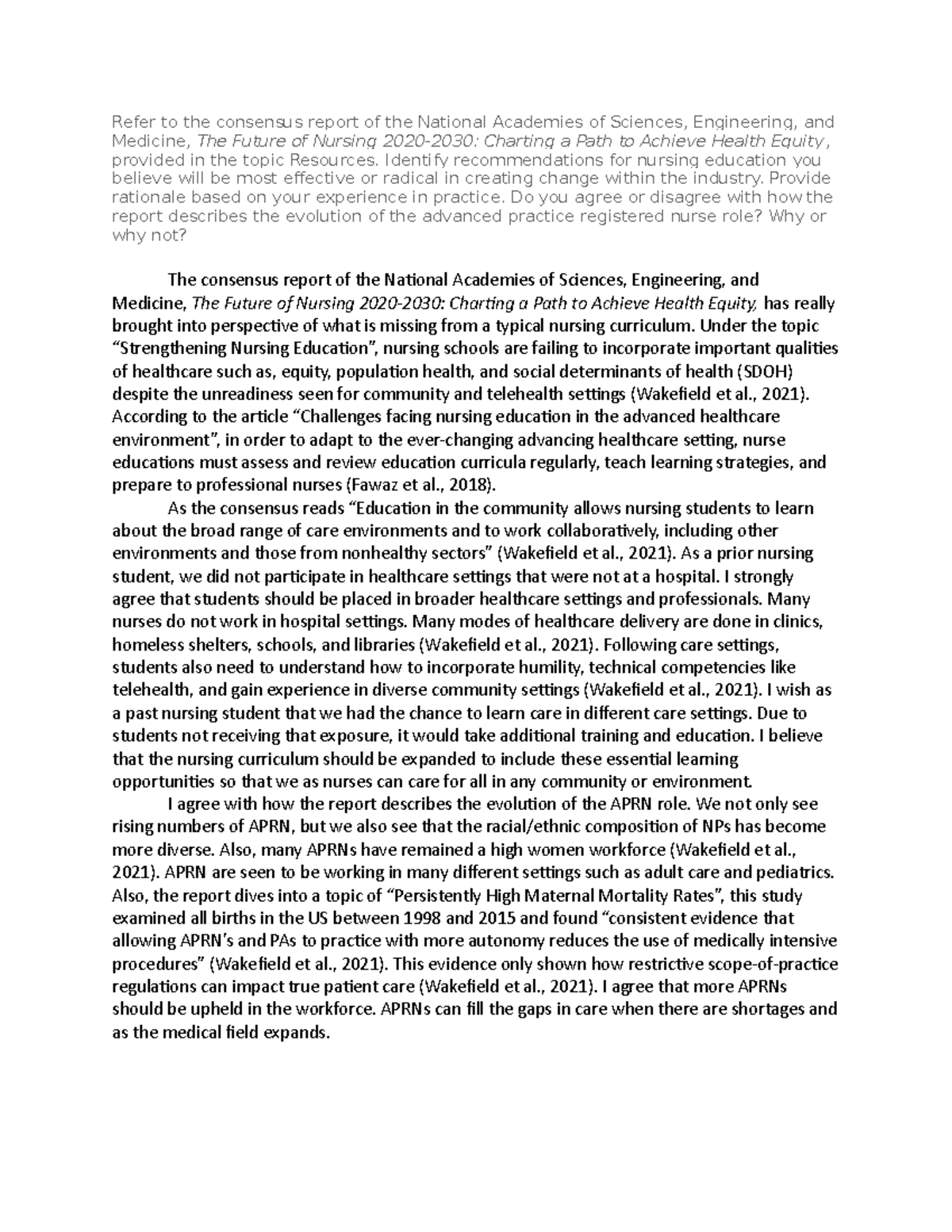 Topic 1 DQ2: Insights from the 2020-2030 Nursing Consensus Report - Studocu