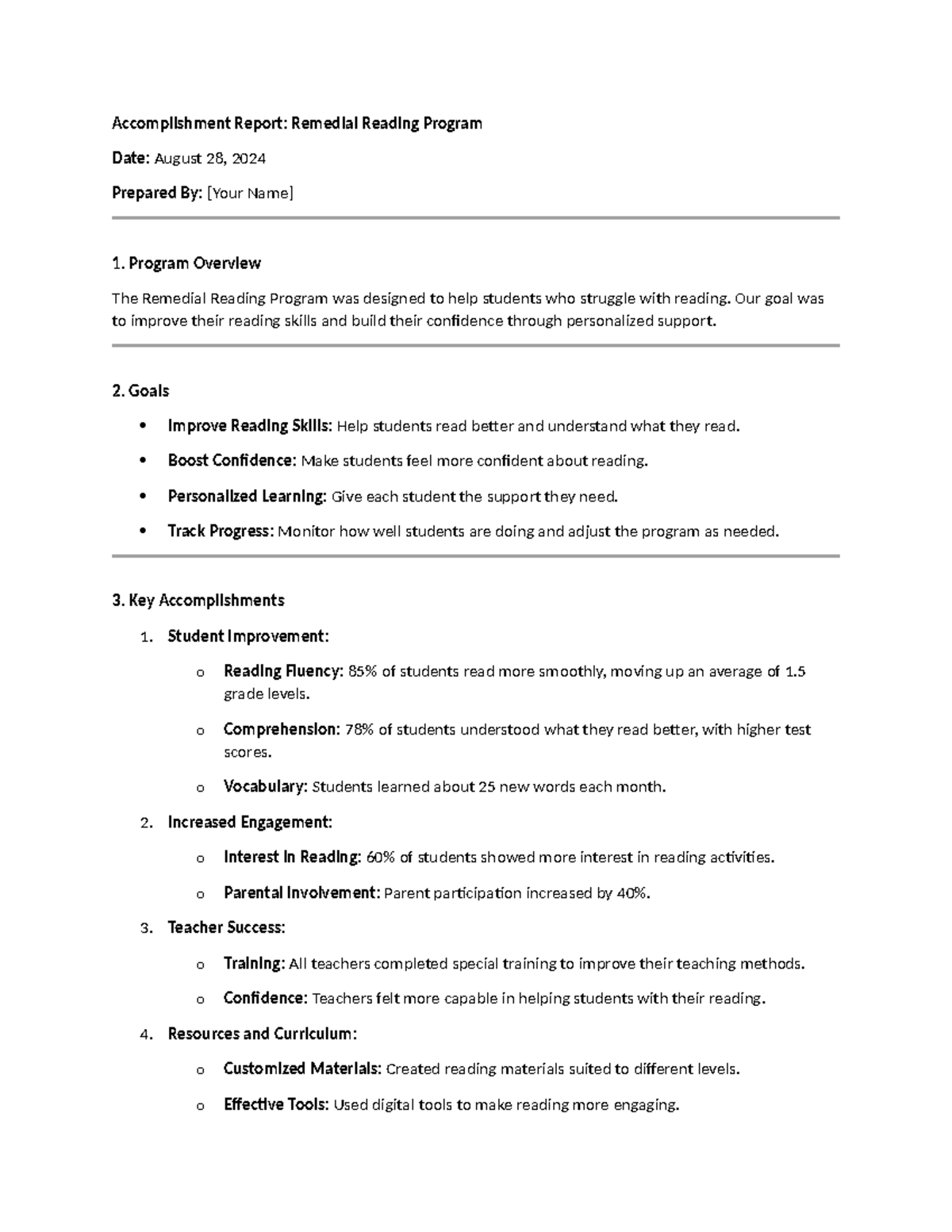Accomplishment Report: Remedial Reading Program Overview & Outcomes ...