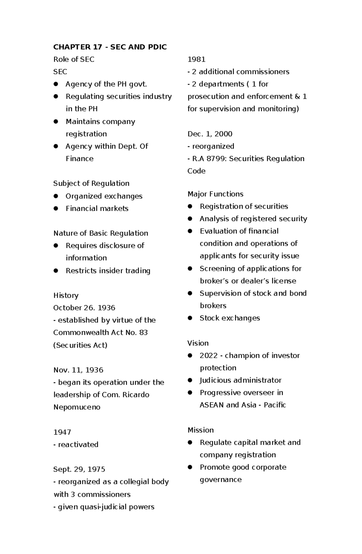 CHAPTER 17: Role of SEC and PDIC in Regulating Financial Markets - Studocu