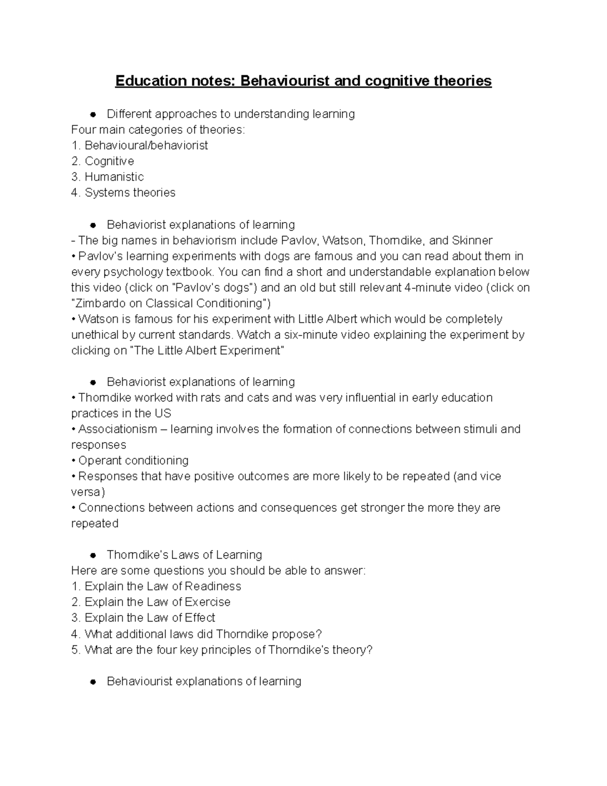 Education notes Behaviourist and cognitive theories - You can find a ...