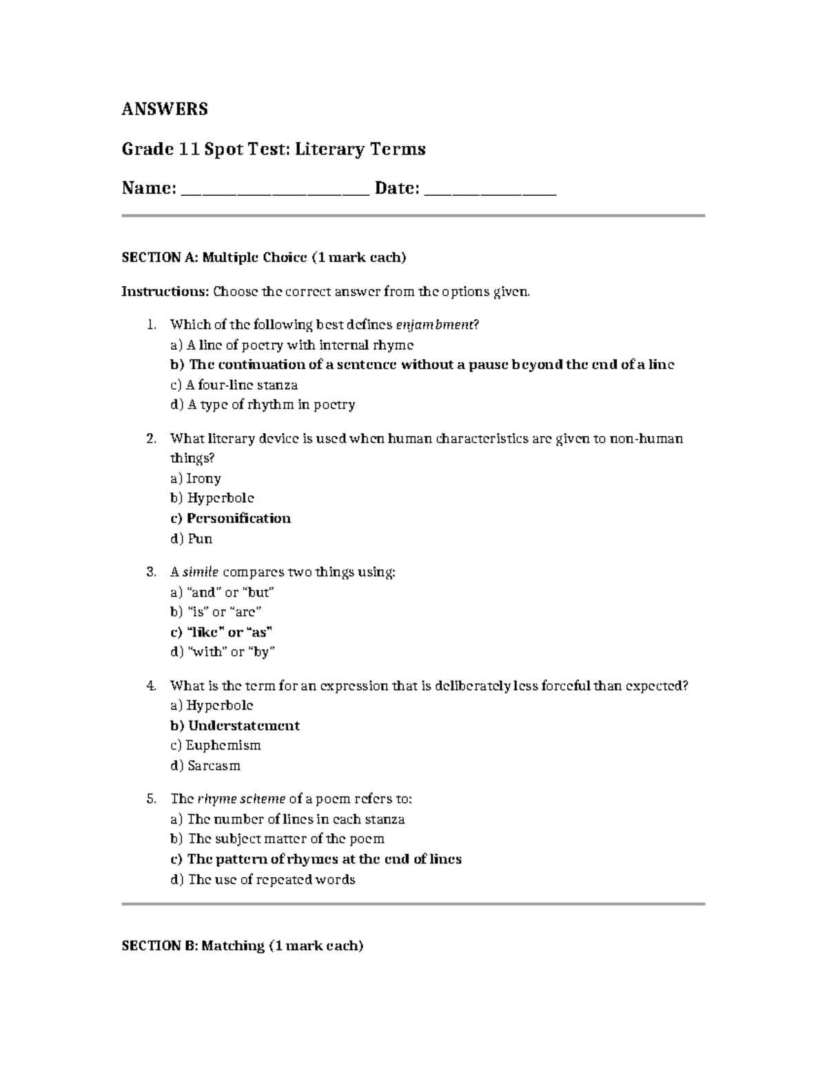 Grade 11 Spot Test: Literary Terms - Answer Key - Studocu