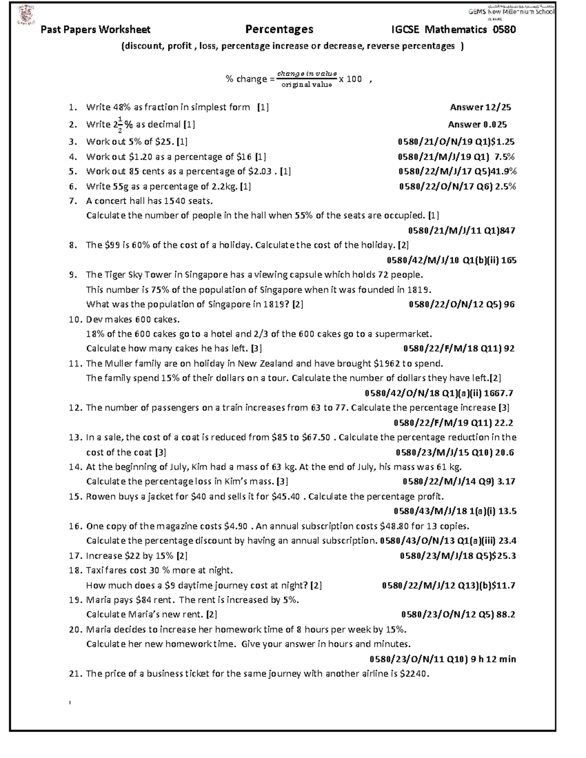 IGCSE Mathematics 0580 Past Papers: Percentages & Applications - Studocu