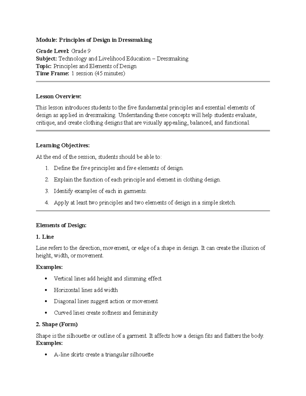 Principles & Elements of Design in Dressmaking - Grade 9 TLE Module ...