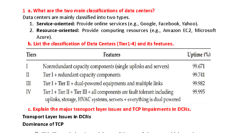 CC UNIT-4 Data Center Classifications and TCP Issues Explained - Studocu