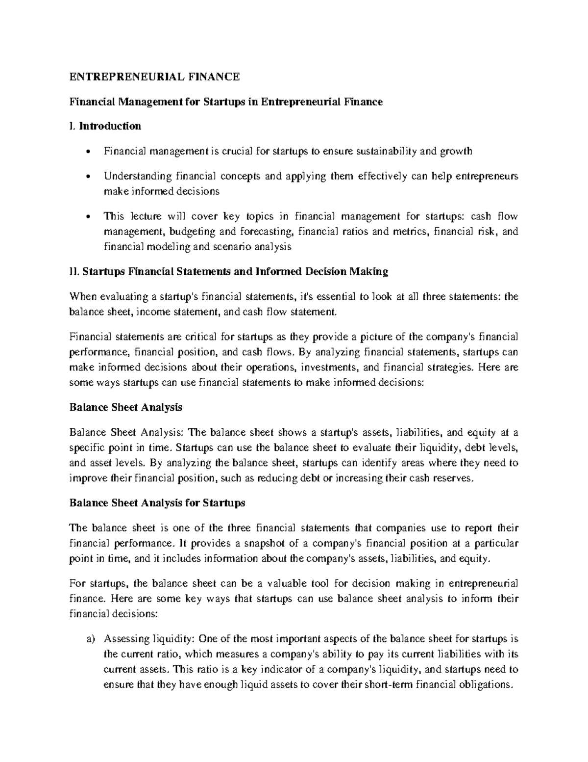 Entrepreneurial Finance Lecture: Analyzing Financial Statements - Studocu