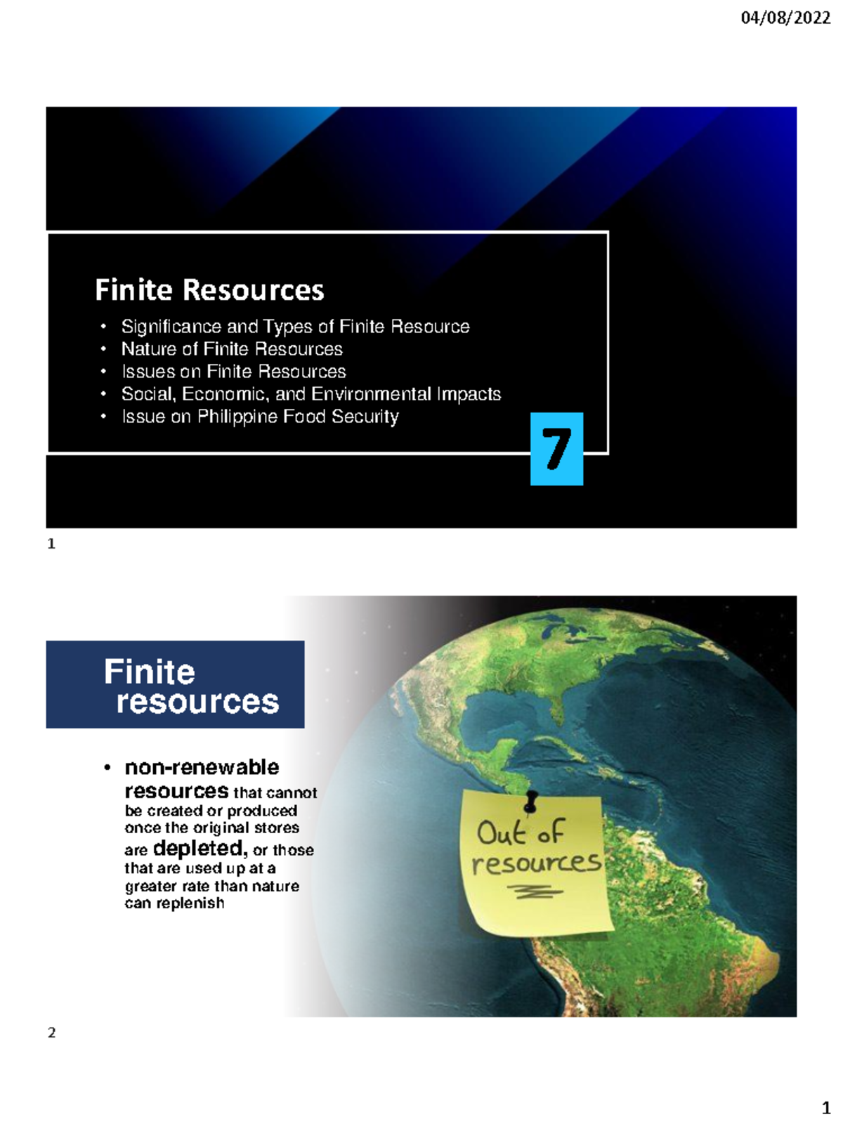Lesson 7: Envi Sci on Finite Resources & Philippine Food Security - Studocu