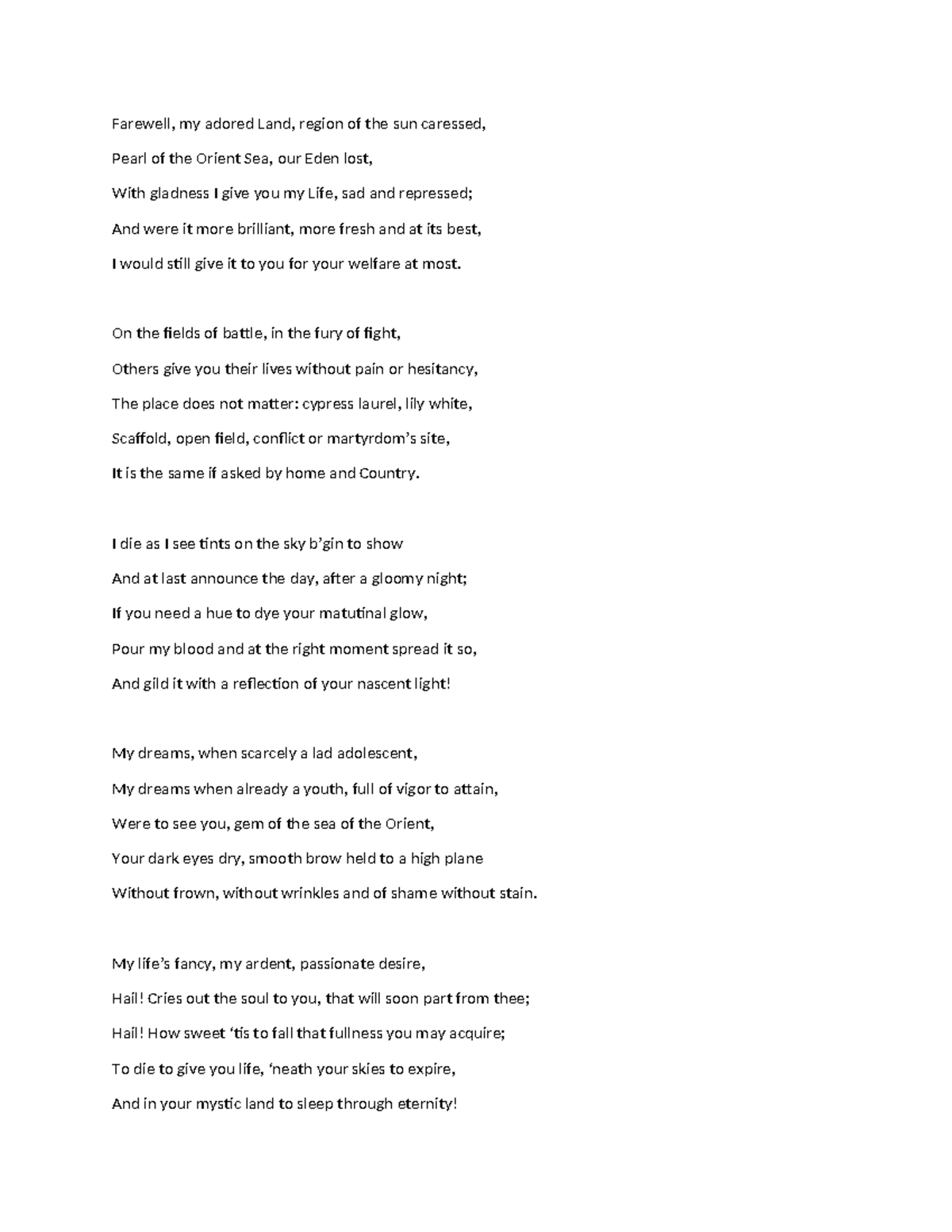 Farewell - Poem - Farewell, my adored Land, region of the sun caressed ...