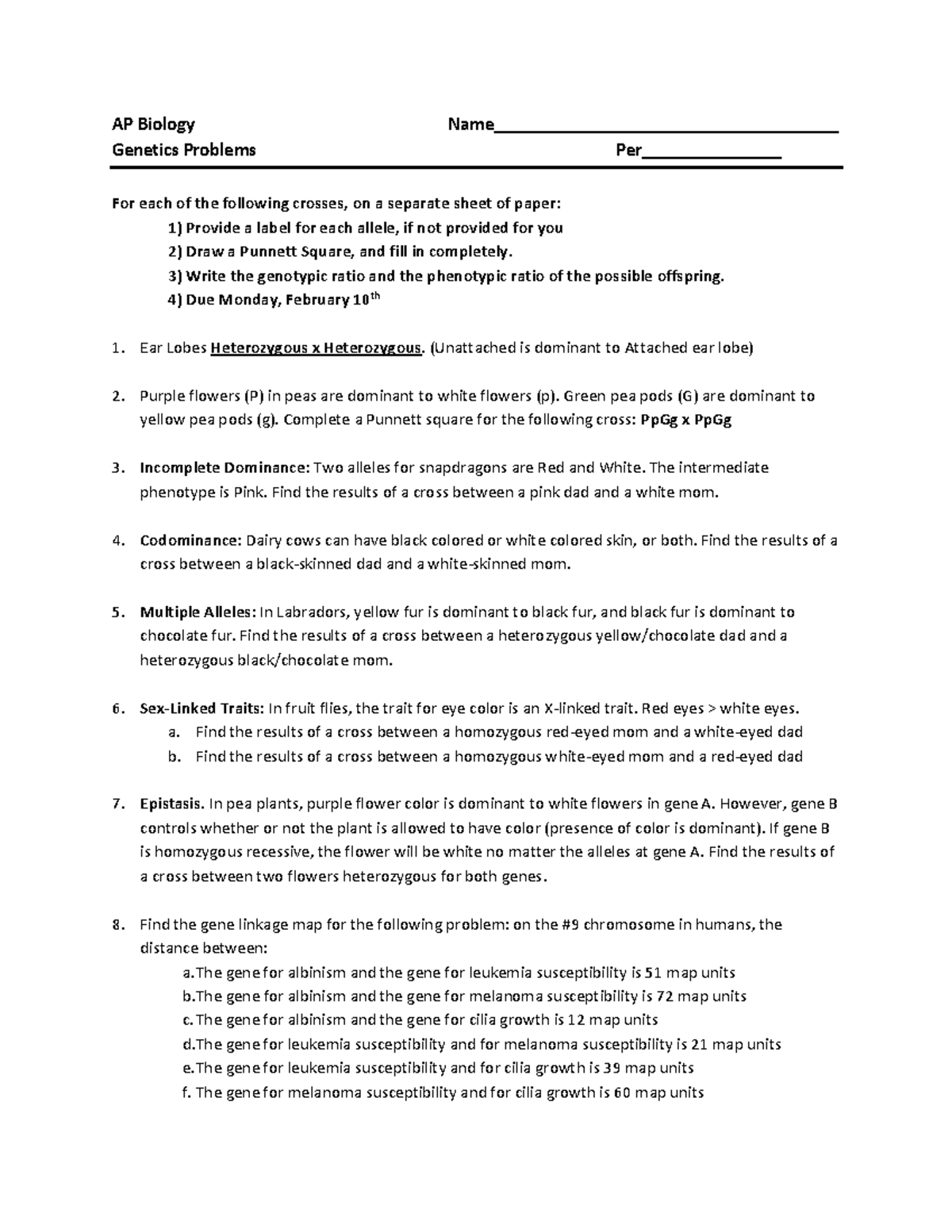 Genetics Problems All - This is helpful practice Ws - AP Biology - Studocu