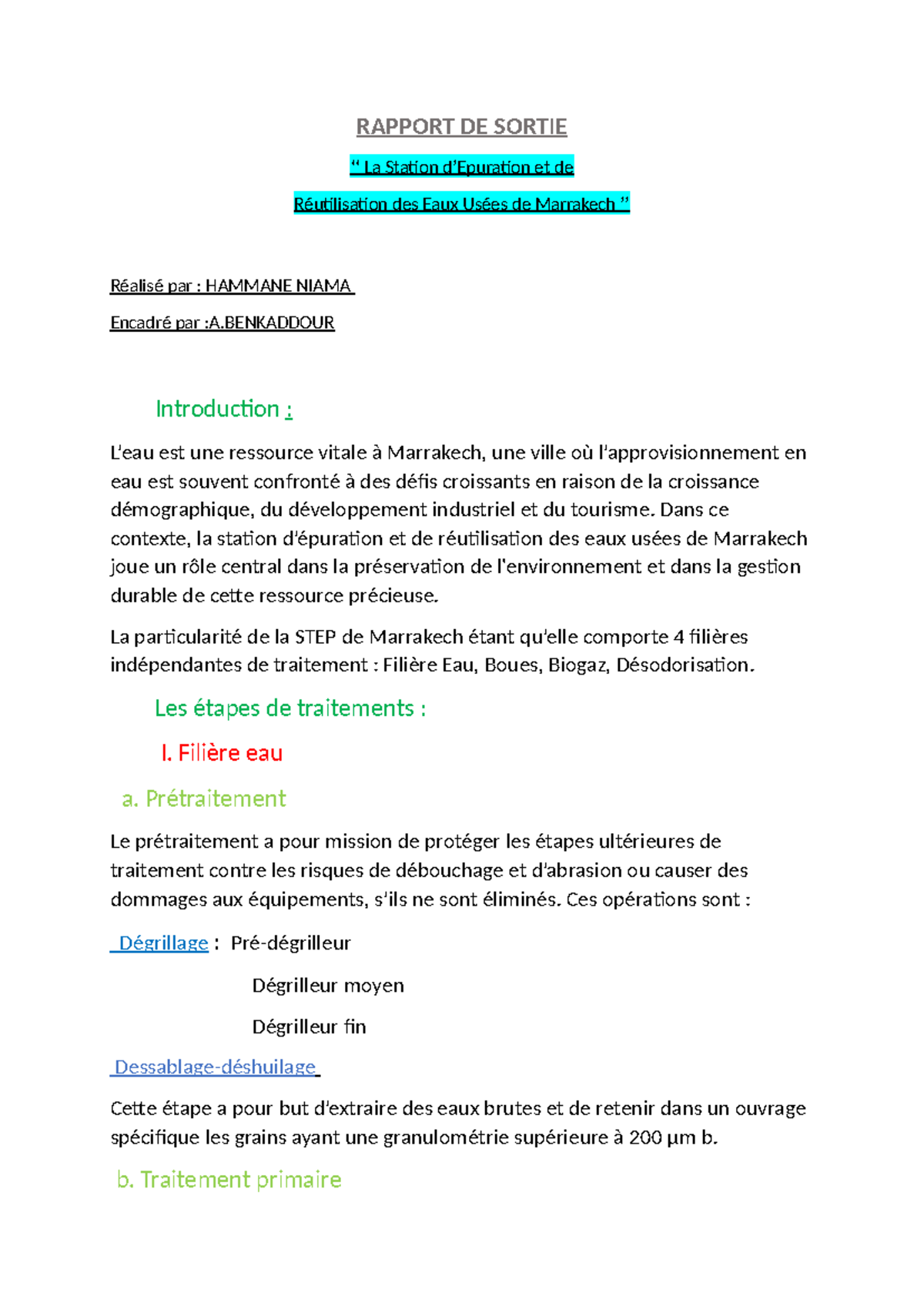 Rapport sur la Station d'Épuration de Marrakech (STEP) - Traitements et ...