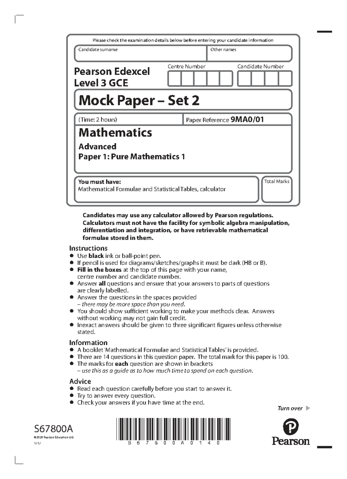 Mathematics Advanced Mock Exam Paper 1: Pure Mathematics (S67800A ...