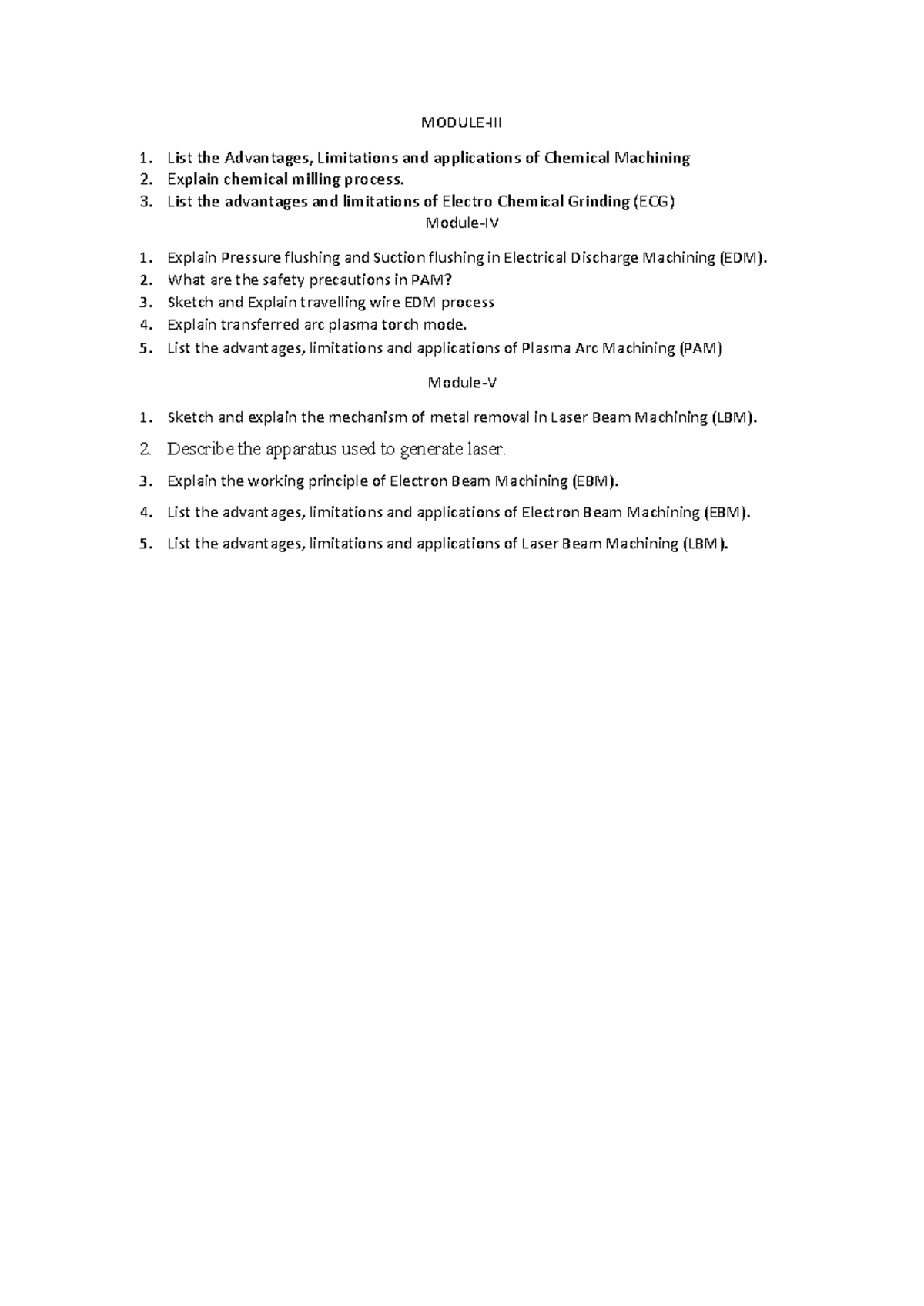 NTM Question Bank: Chemical & Plasma Machining Processes - Studocu
