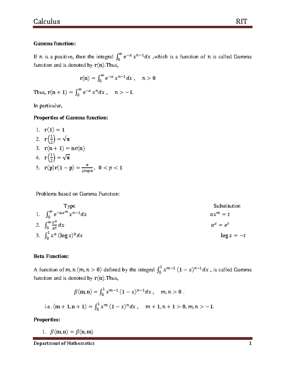 Assignment 1 Special Functions - Calculus RIT Department of Mathematics ...