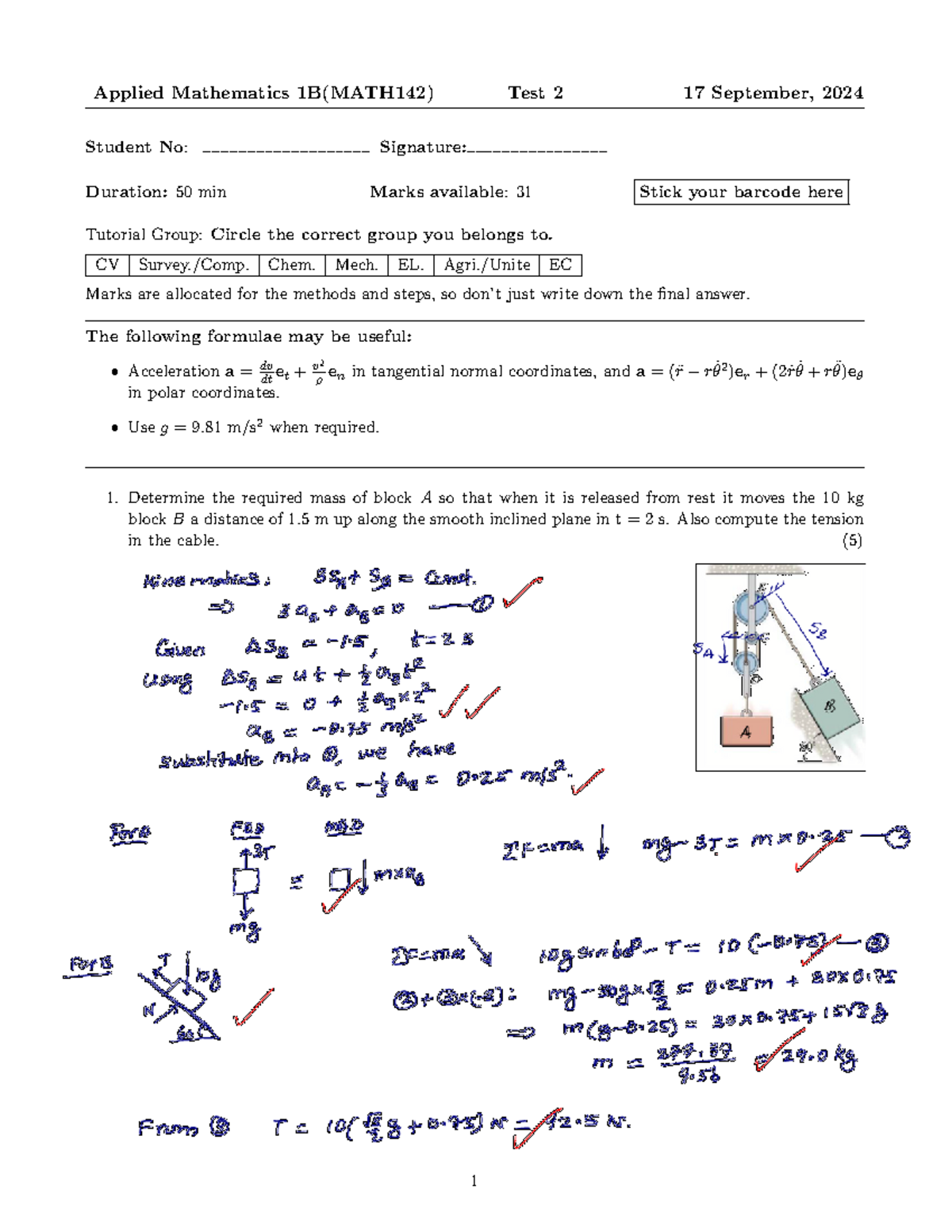 Applied Mathematics 1B (MATH142) Test 2 - 17 Sept 2024 - Studocu