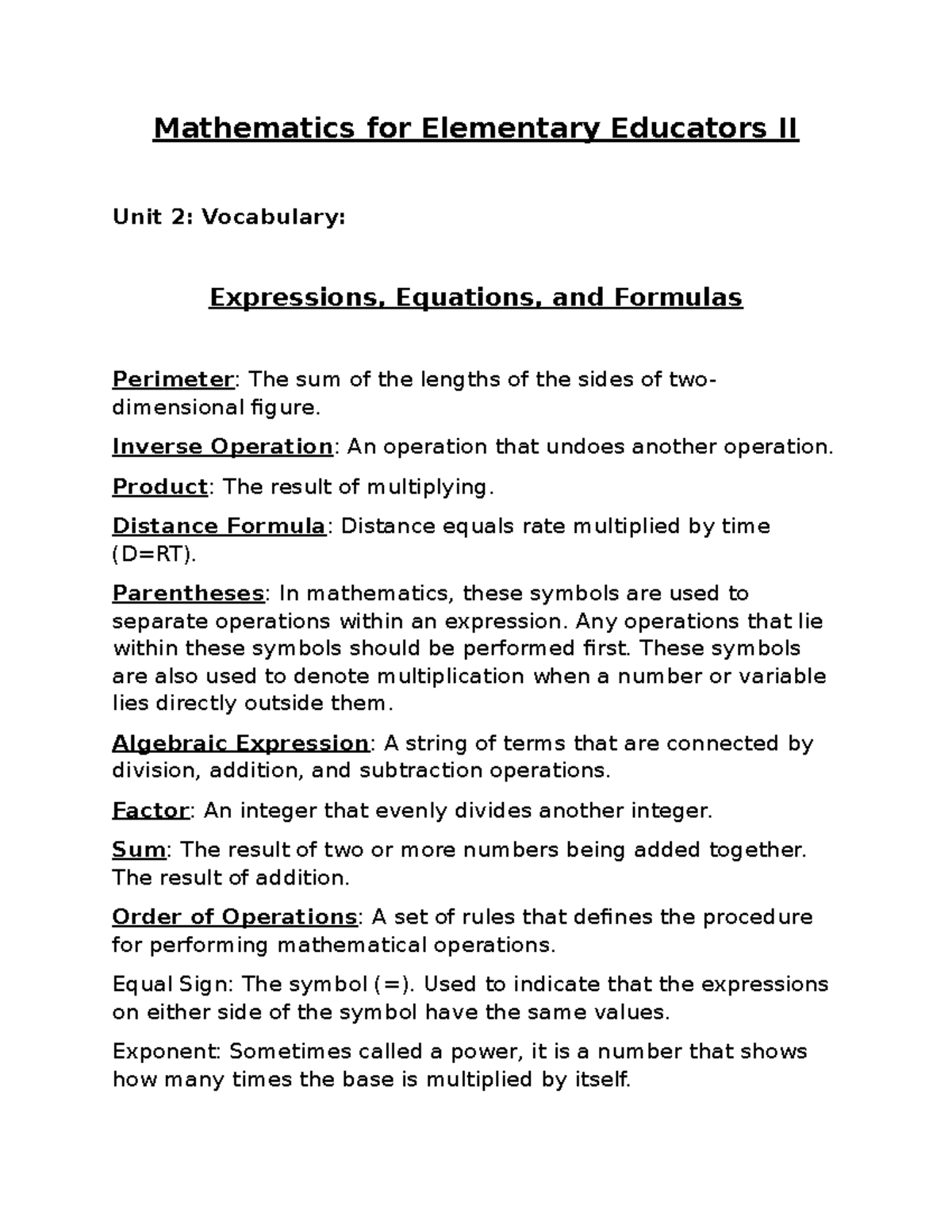 Mathematics for Elementary Educators II Unit 2 vocab II Unit One vocab ...