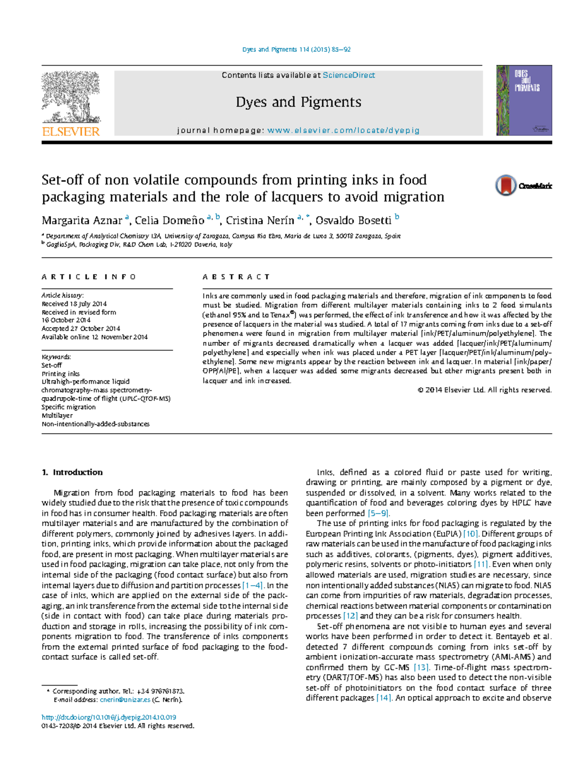 Migration of Non-Volatile Compounds from Inks in Food Packaging - Studocu