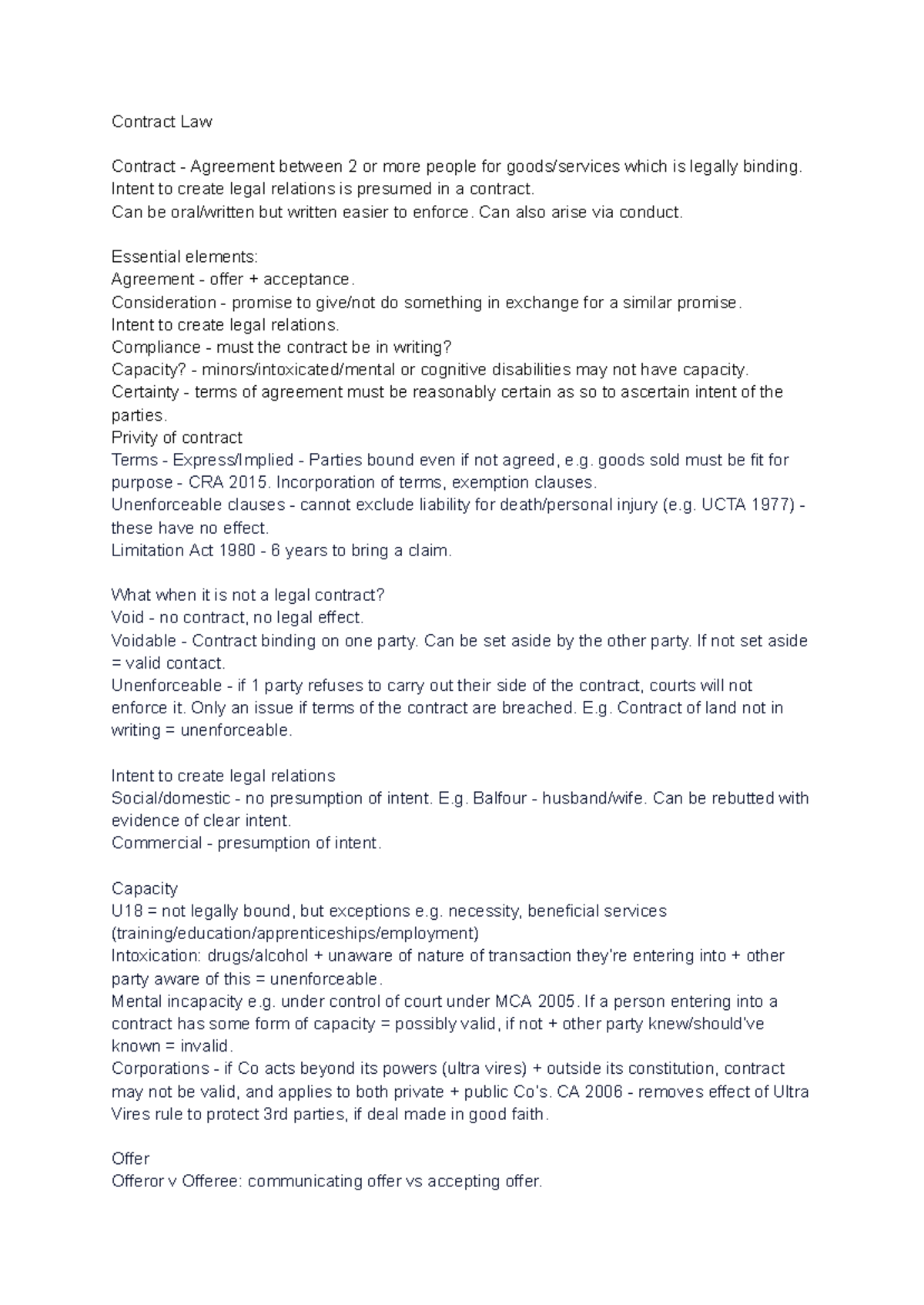 Contract Law Notes - 1LAW: Essential Elements and Key Concepts - Studocu