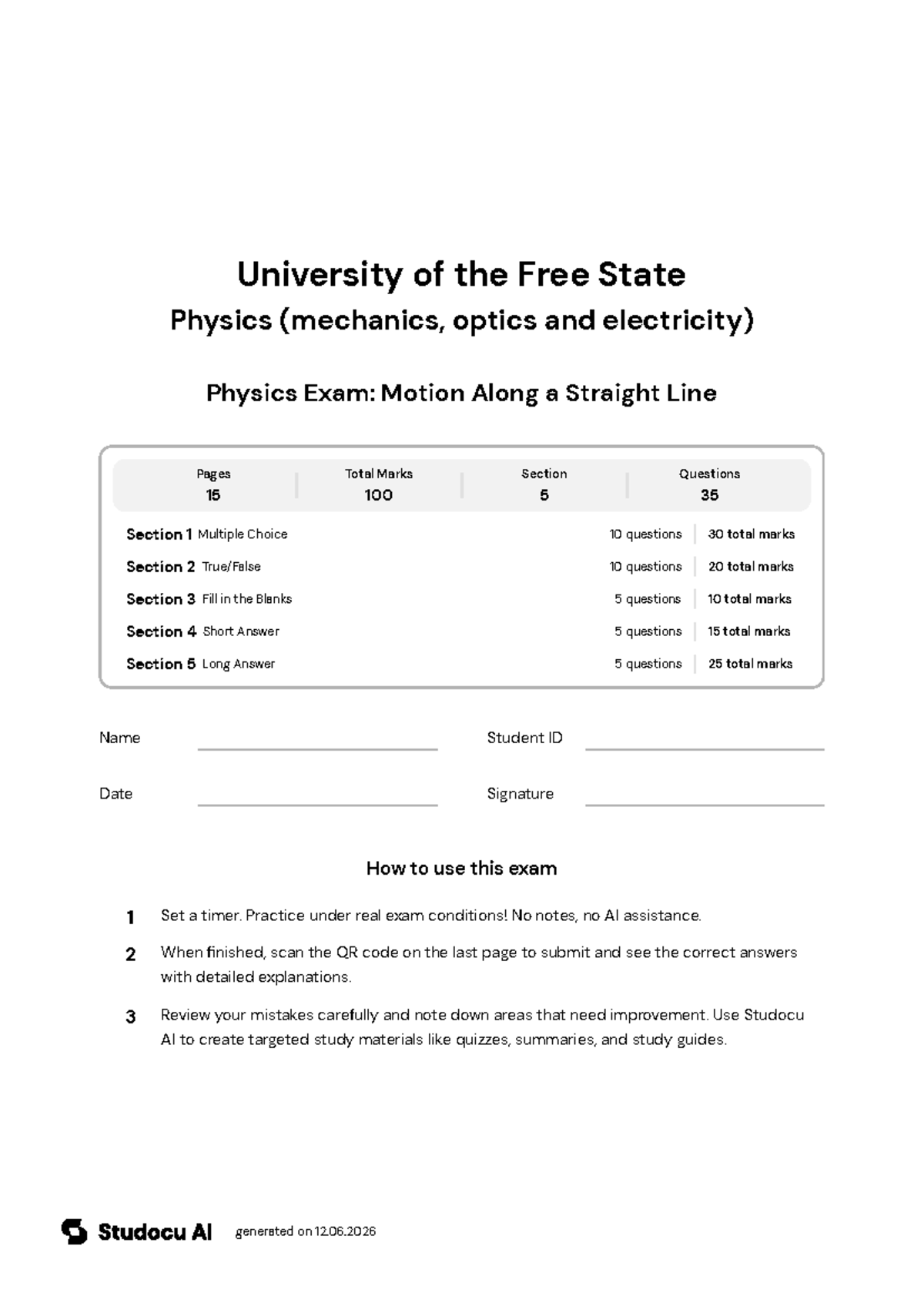 Physics Exam: Motion Along a Straight Line - Studocu