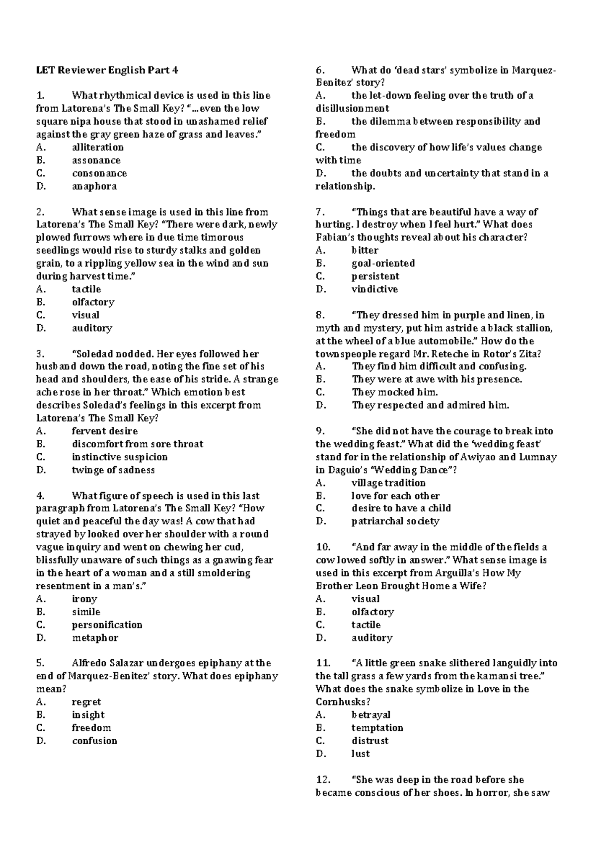 LET Reviewer Part 4: Major Topics in English Literature with Answers ...
