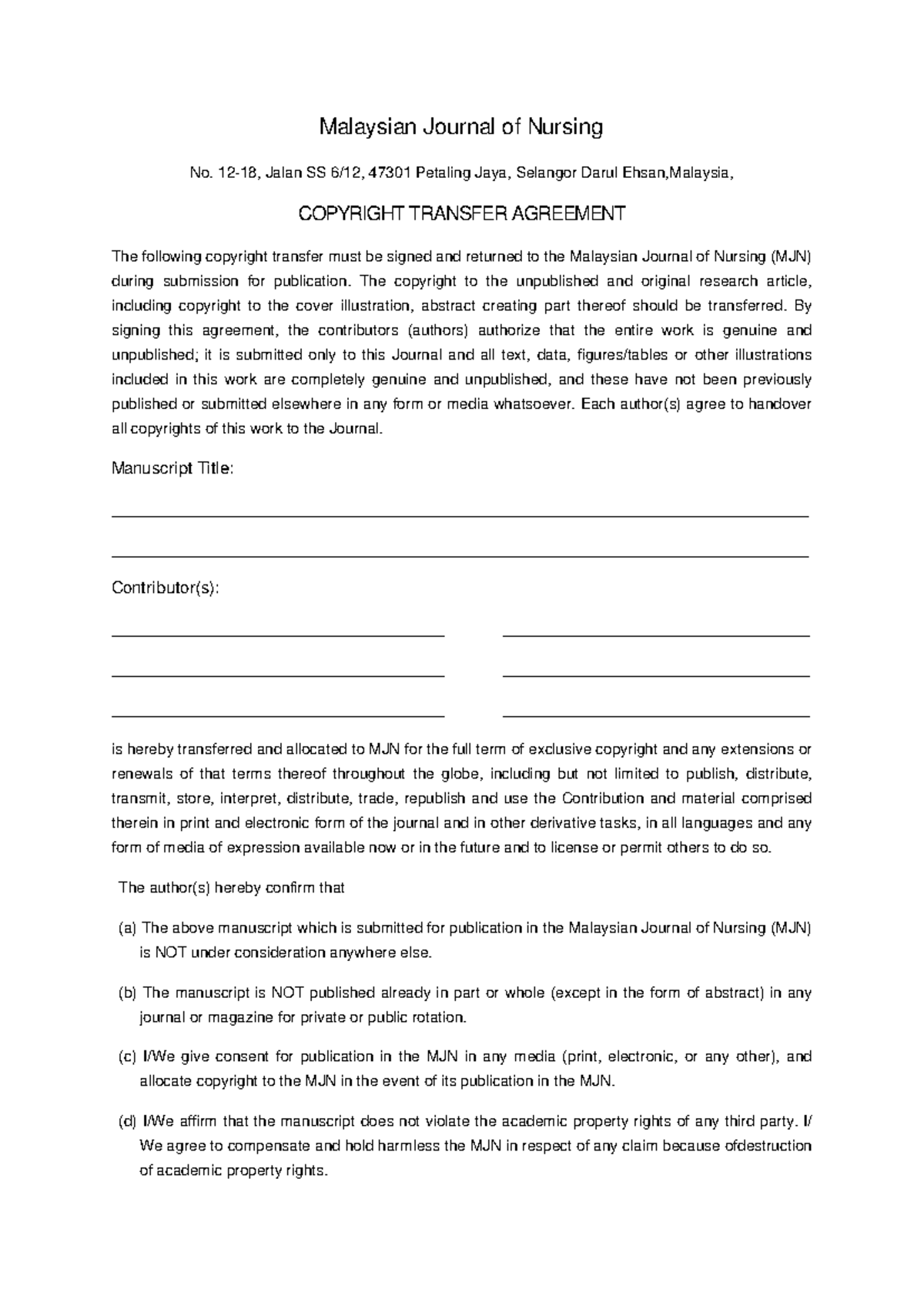 MJN - Copyright Transfer Agreement for Manuscript Submission - Studocu