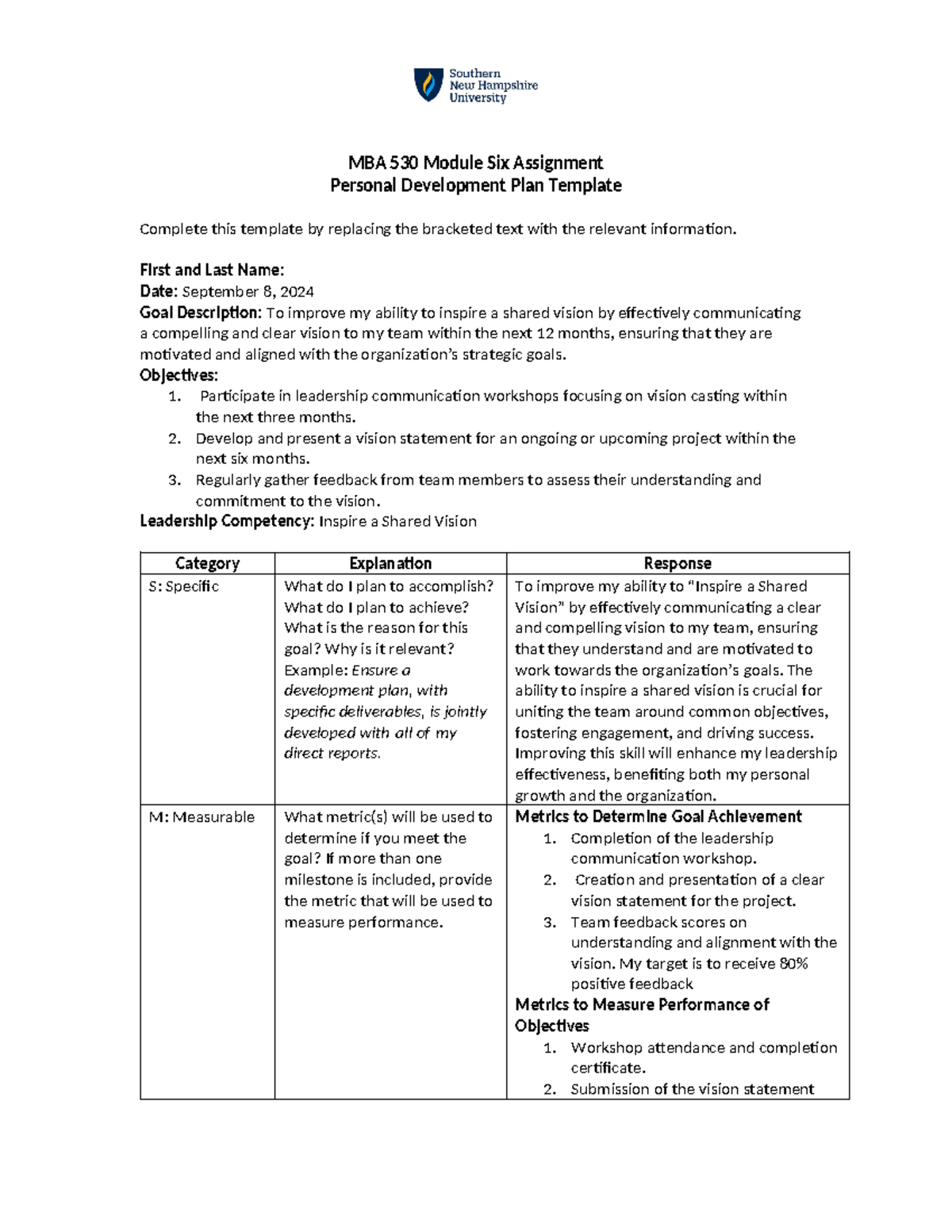 MBA 530 Personal Development Plan Assignment Template - Studocu