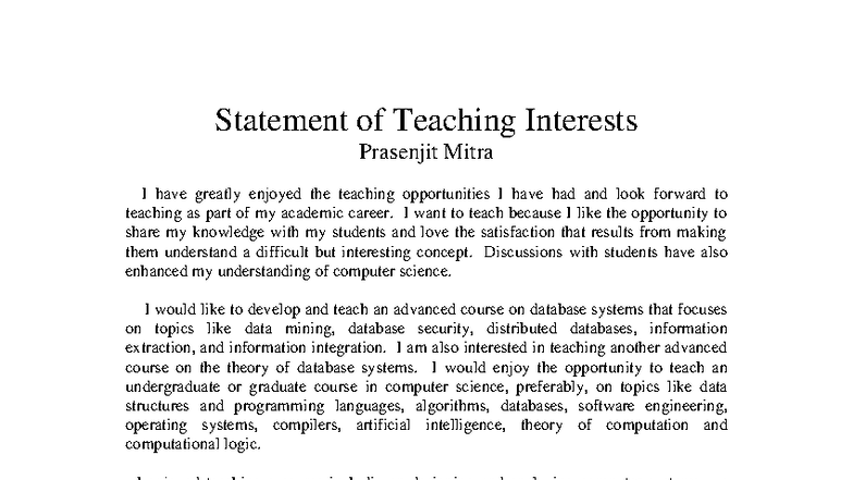 Teaching Interests Statement: Prasenjit Mitra's Academic Vision - Studocu