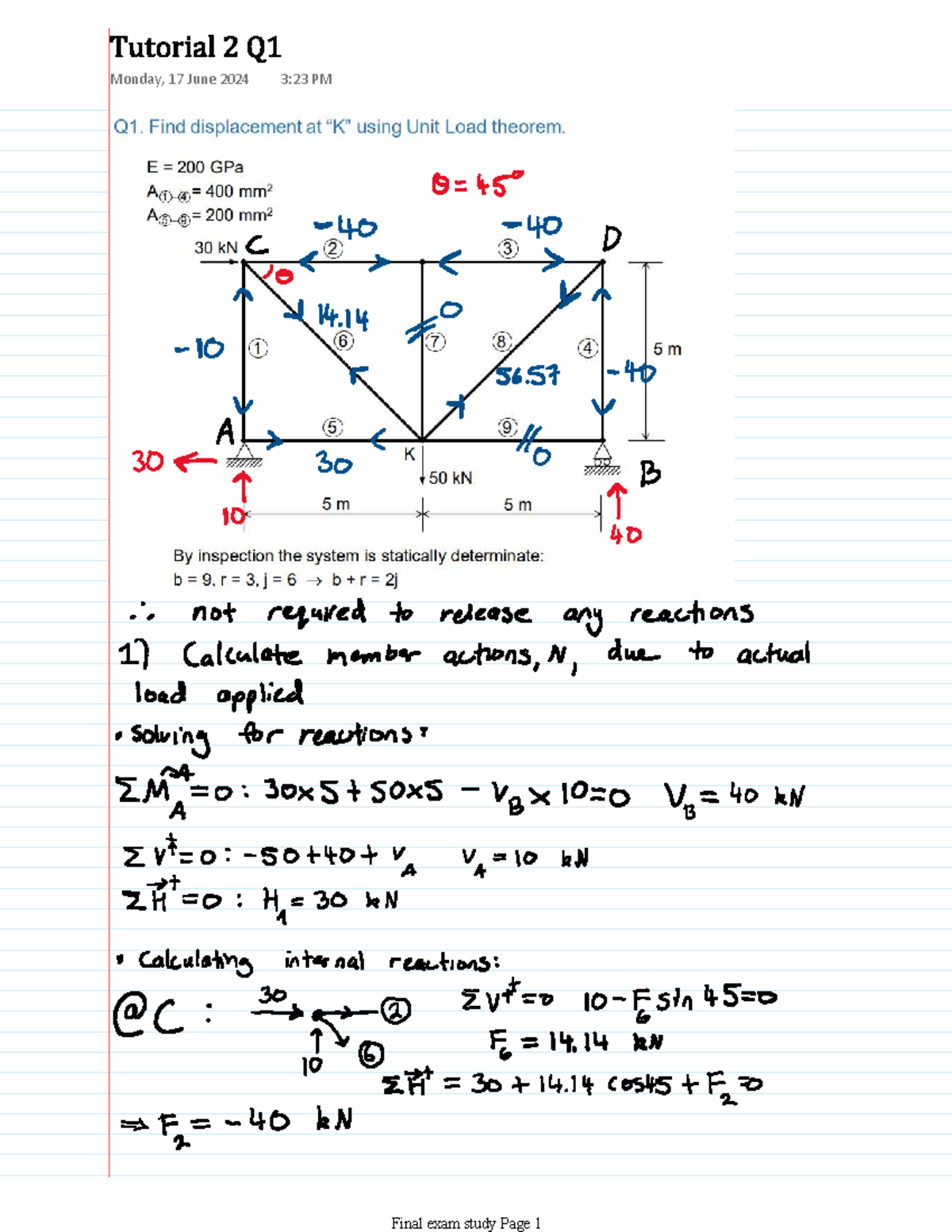 Force method worked examples - CIVL3180 - Monday, 17 June 2024 3:23 PM ...