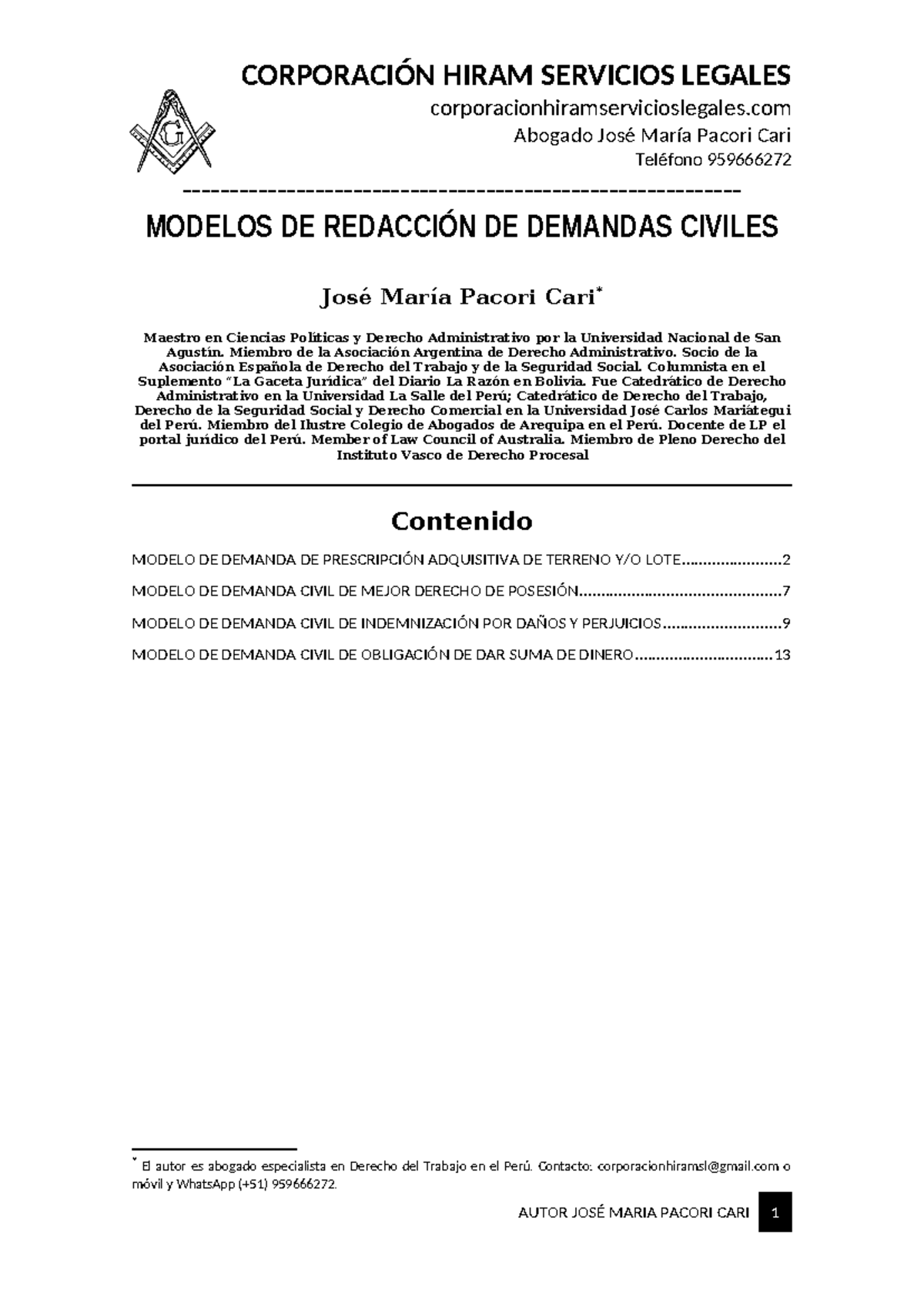 Modelos de Demandas Civiles: Guía Práctica por J.M. Pacori - Studocu
